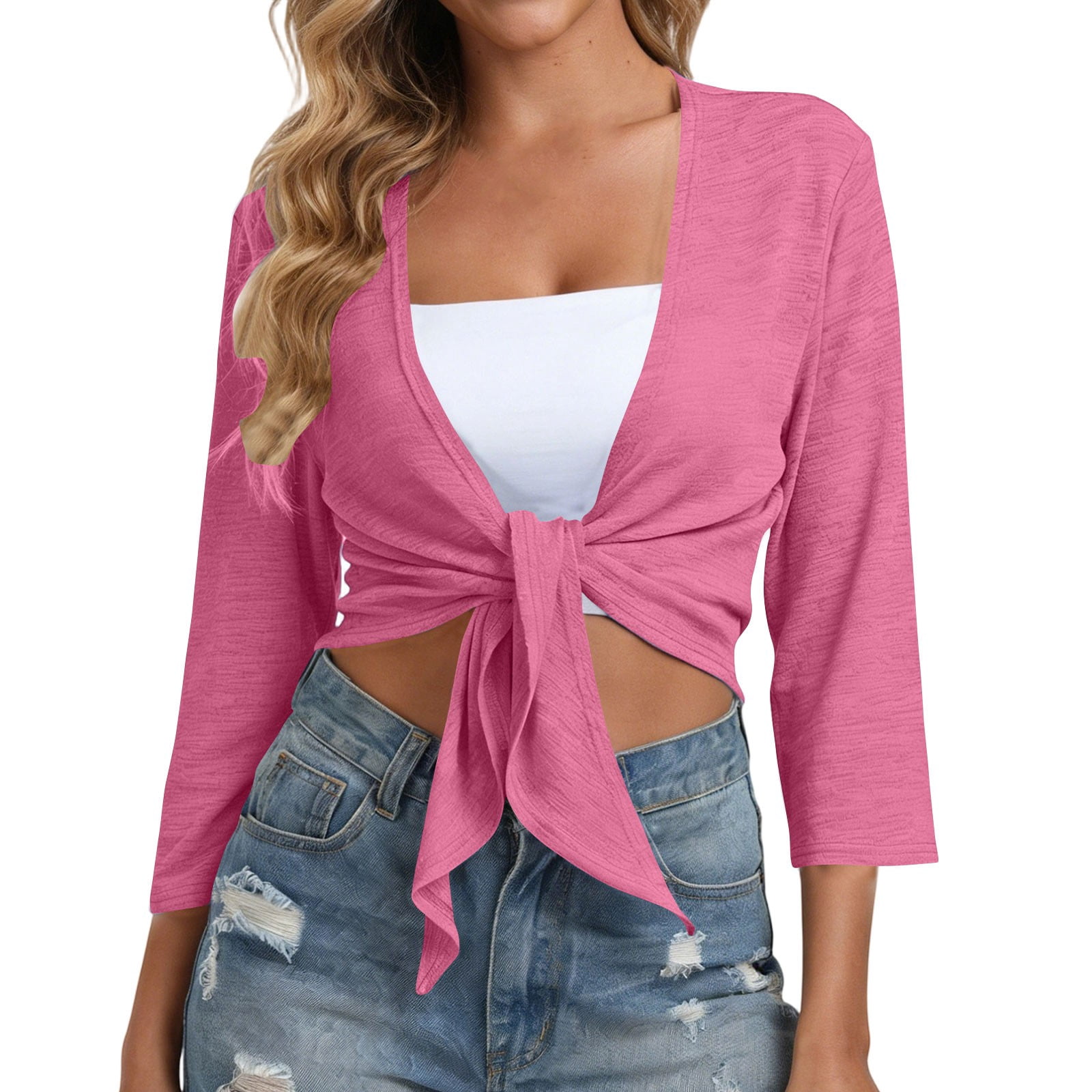 3/4 Sleeve Tie Front Cardigan for Women Beach Coverups Cropped ...