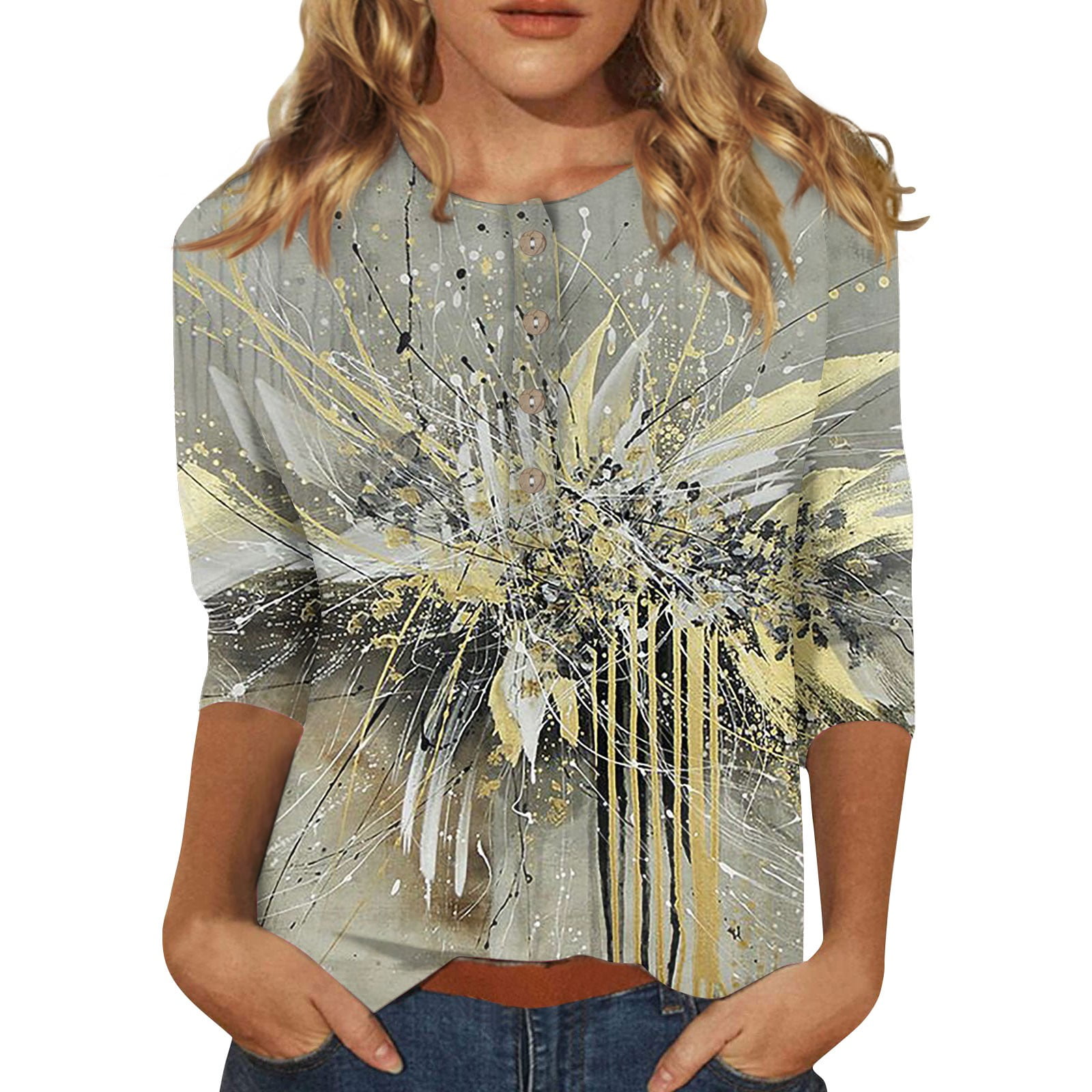 3/4 Sleeve Tops For Women Cotton Summer Ethnic Floral Slim Womens Tops ...