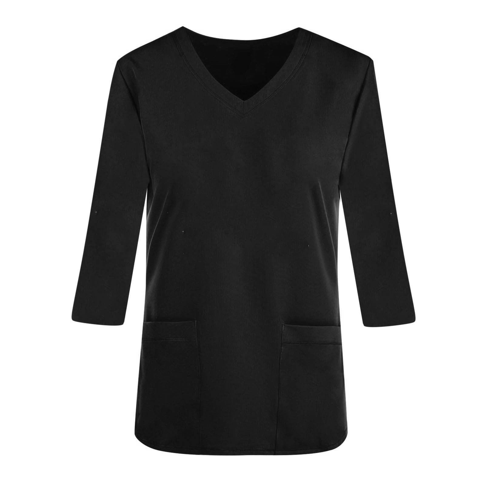 3/4 Sleeve Tops V Neck Womens Scrub Tops with Front 2 Pockets Solid ...