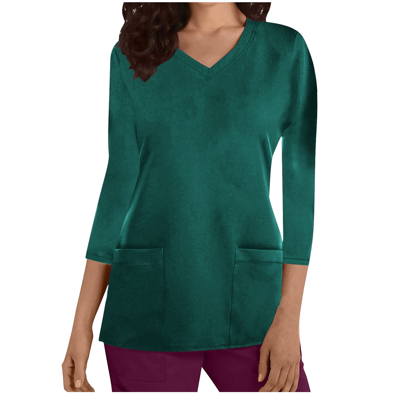 3/4 Sleeve Tops V Neck Womens Scrub Tops with Two Pockets Solid Color ...