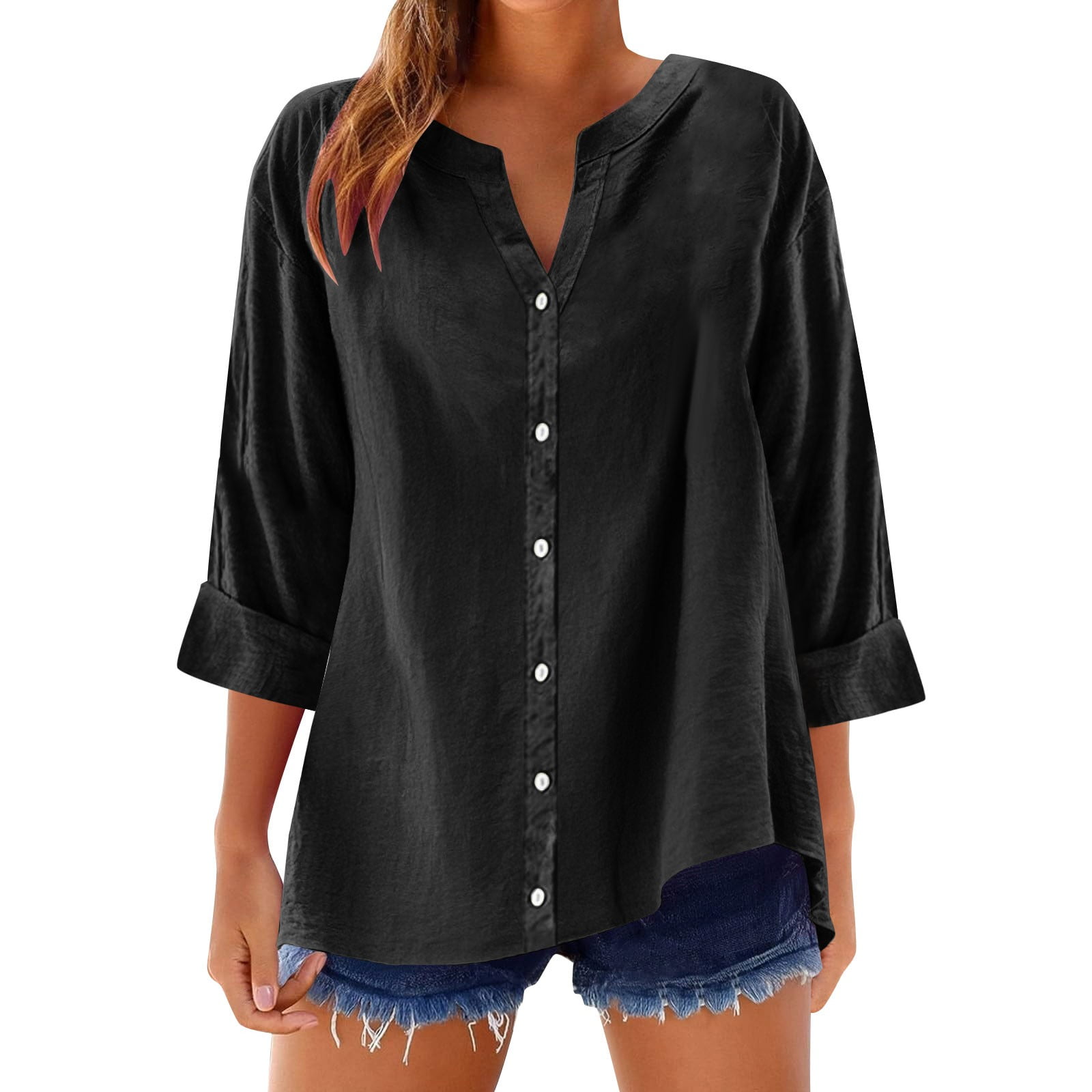 3/4 Sleeve Tops for Women Henley Neck Tee Short Sleeve Tops Solid Basic Tee Shirts Relaxed Fit ...