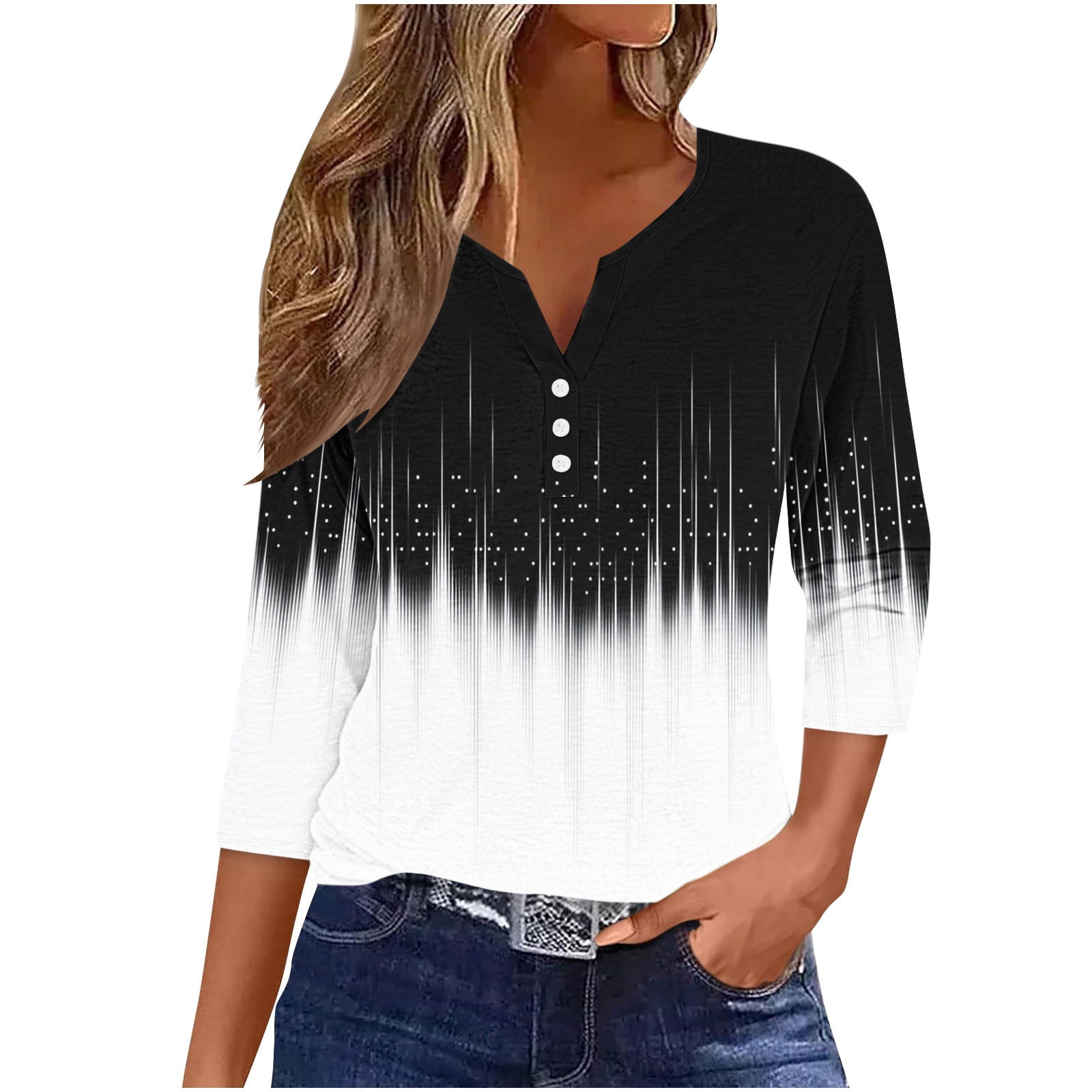 3/4 Sleeve Tops for Women Henley V Neck Summer Shirts Casual Elbow ...