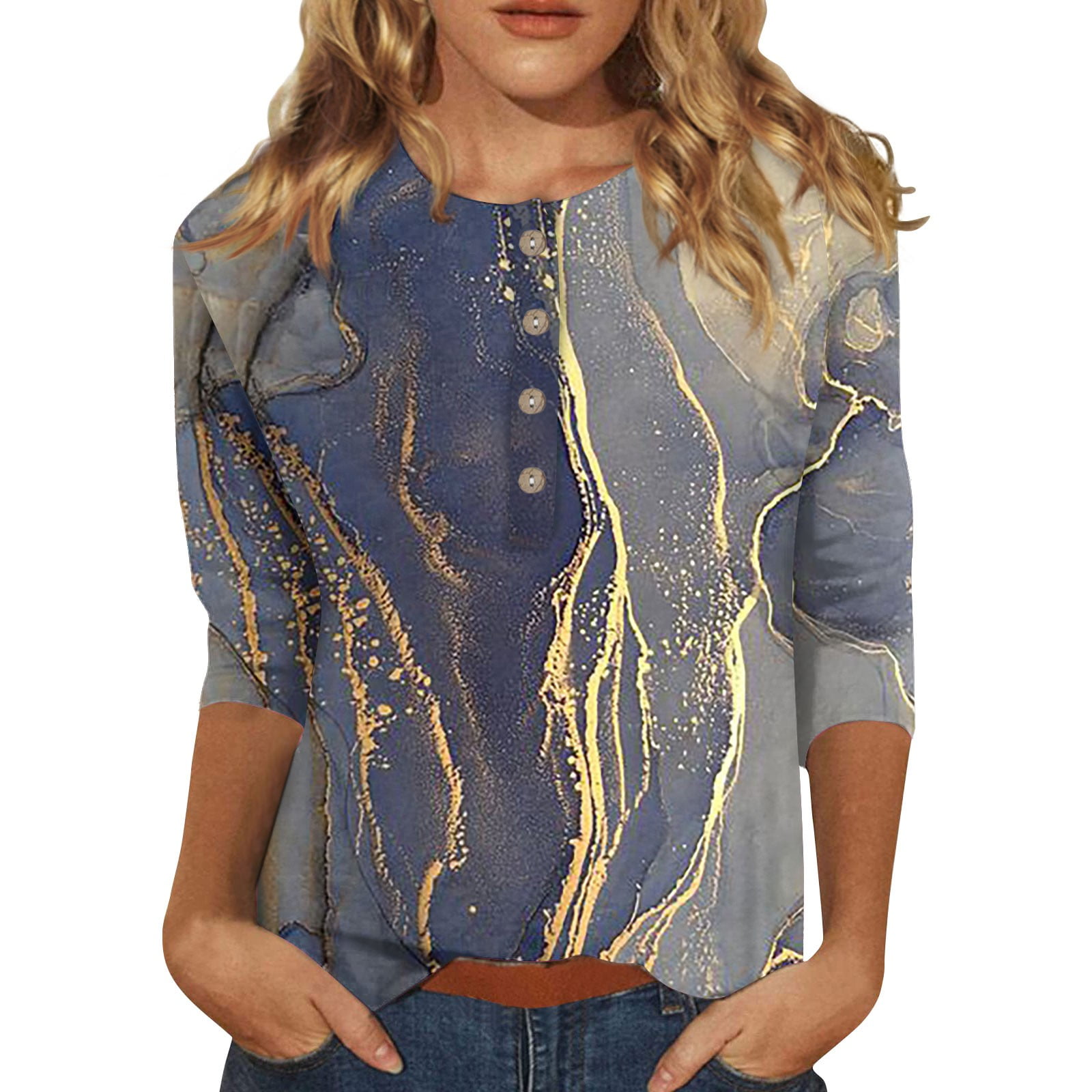 3/4 Sleeve Tops for Women Plus Size Summer Floral All Over Print Dressy ...