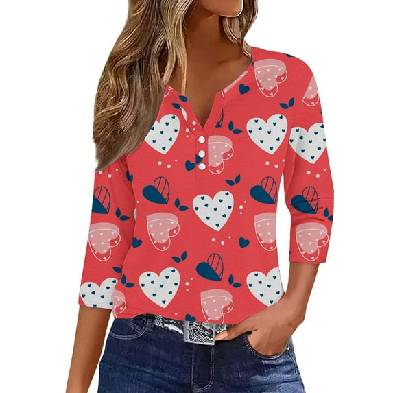 3/4 Sleeve Tops for Women Red Valentine's Tops Dressy Basics Tees Loose ...