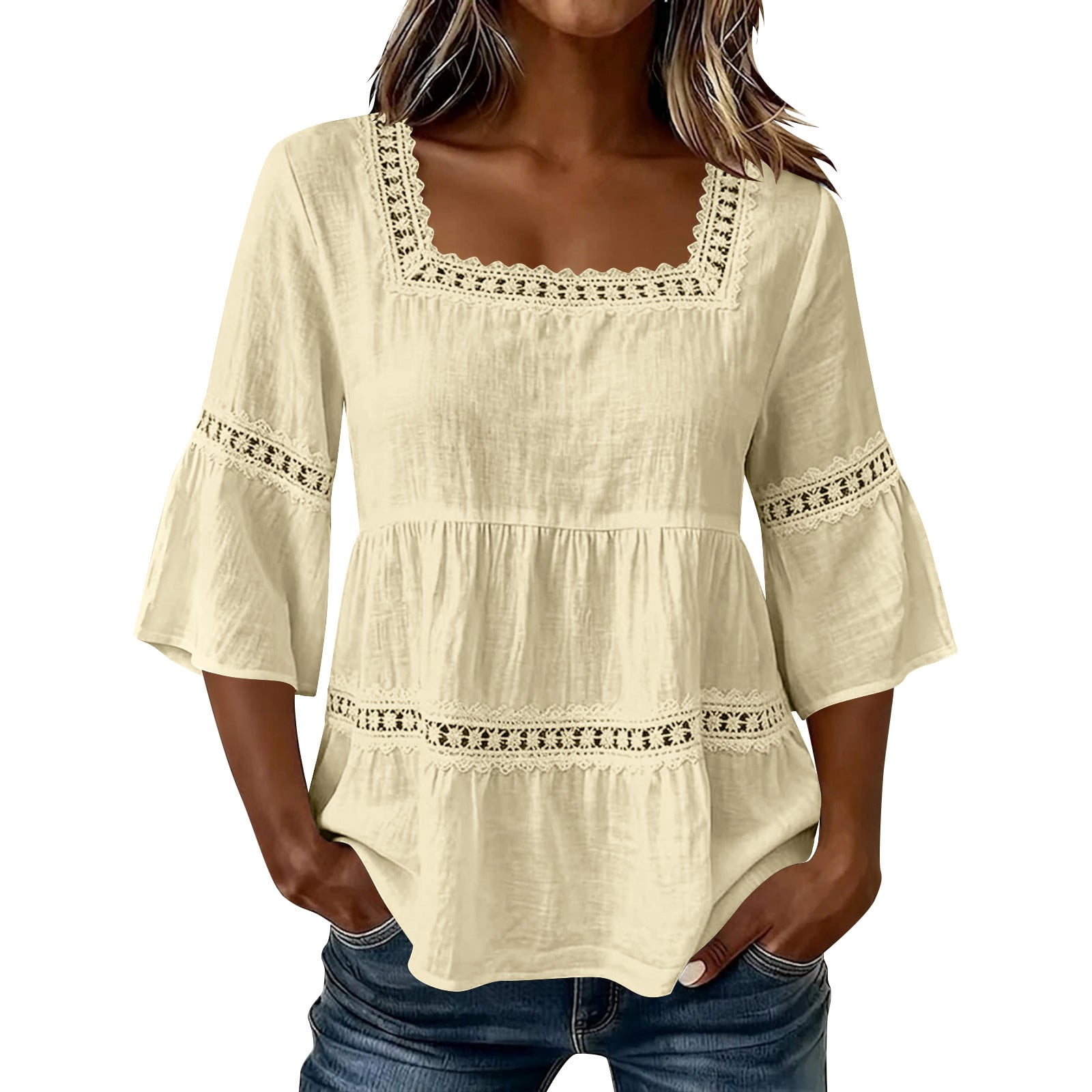 3/4 Sleeve Tops for Women Square Neck Daily T Shirts Hollow Out Crochet ...