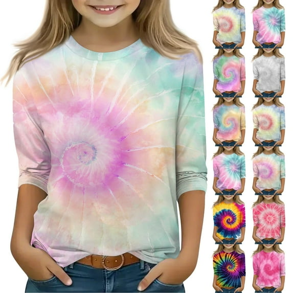 3/4 Sleeve Tops for Girls Casual Crew Neck Shirts Tie-dye Print Loose ...