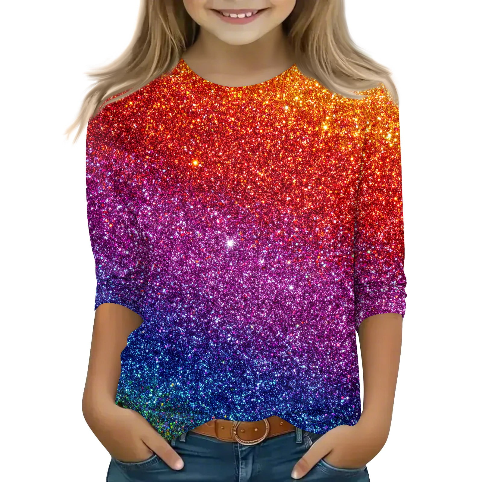 3/4 Sleeve Tops for Girls Spring 2026 Shirts Sequin Print Summer Crew ...