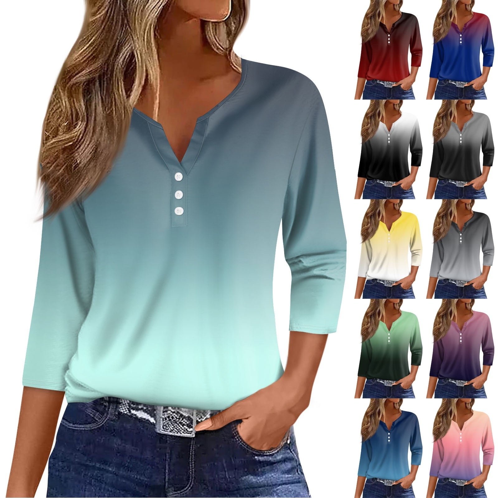 3/4 Sleeve Tops for Women 2026 Henley Neck Shirts Elbow Sleeve Casual ...