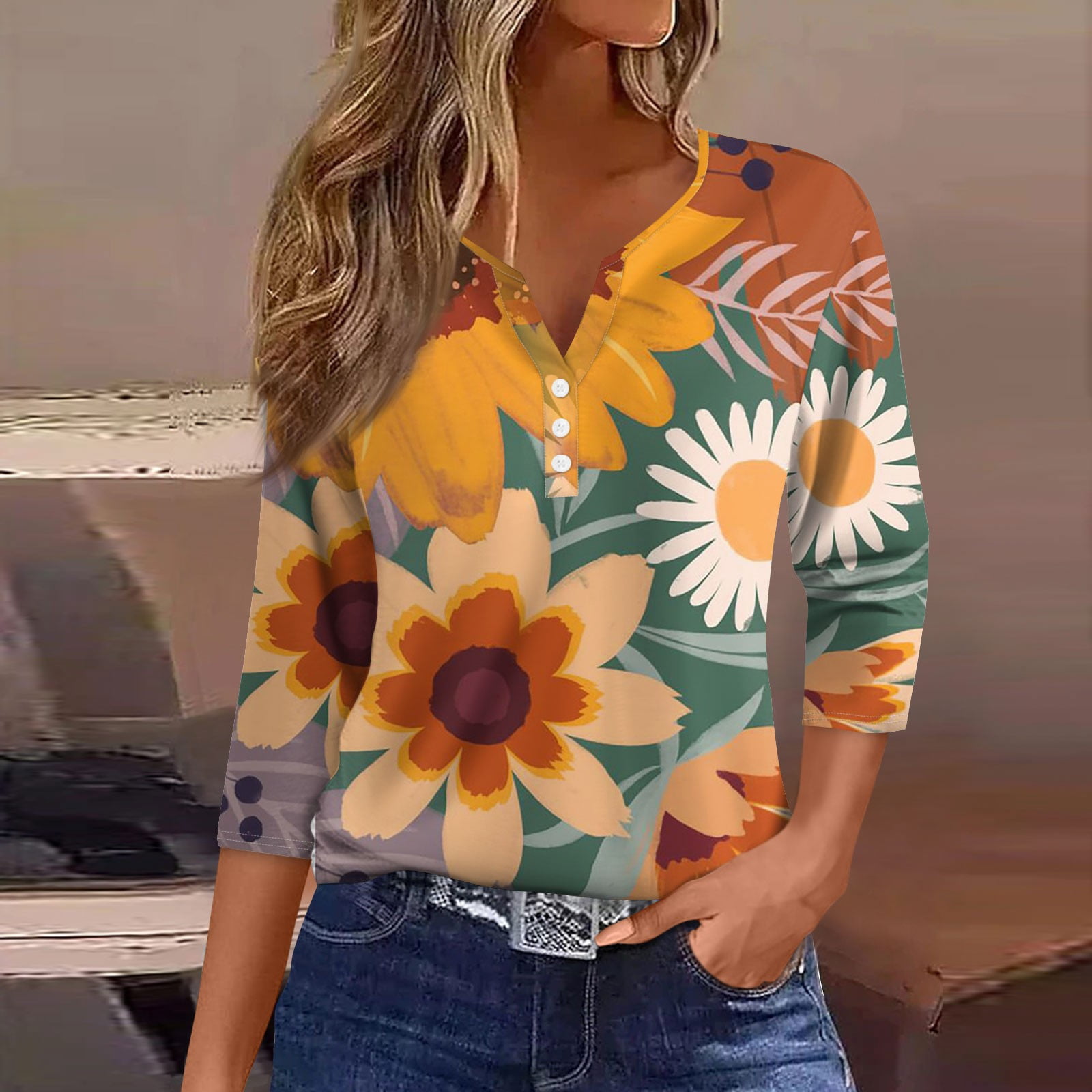 3/4 Sleeve Tops for Women 2026 Henley Neck Shirts Elbow Sleeve Casual ...