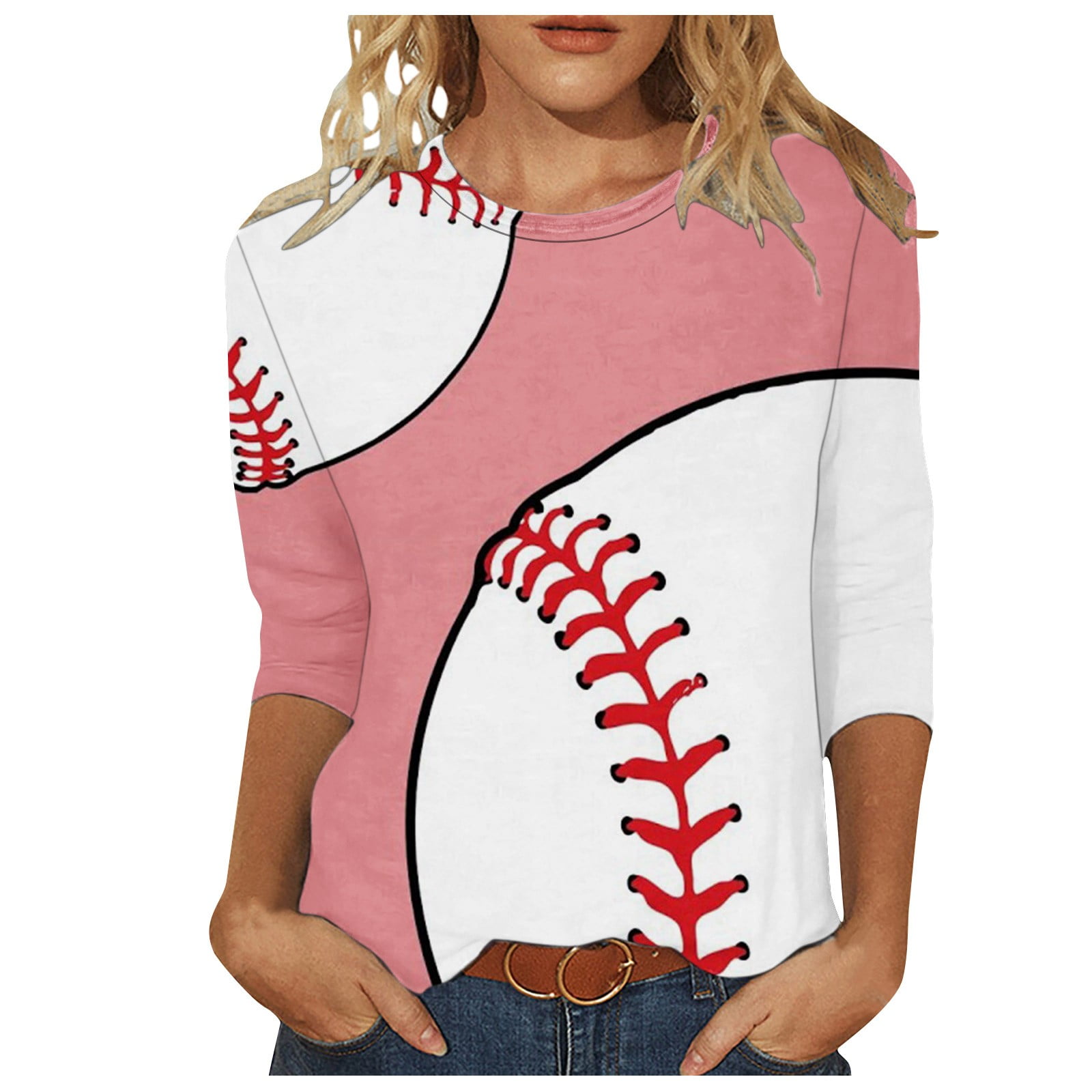 3/4 Sleeve Tops for Women Baseball Print Trendy Dressy Crew Neck ...