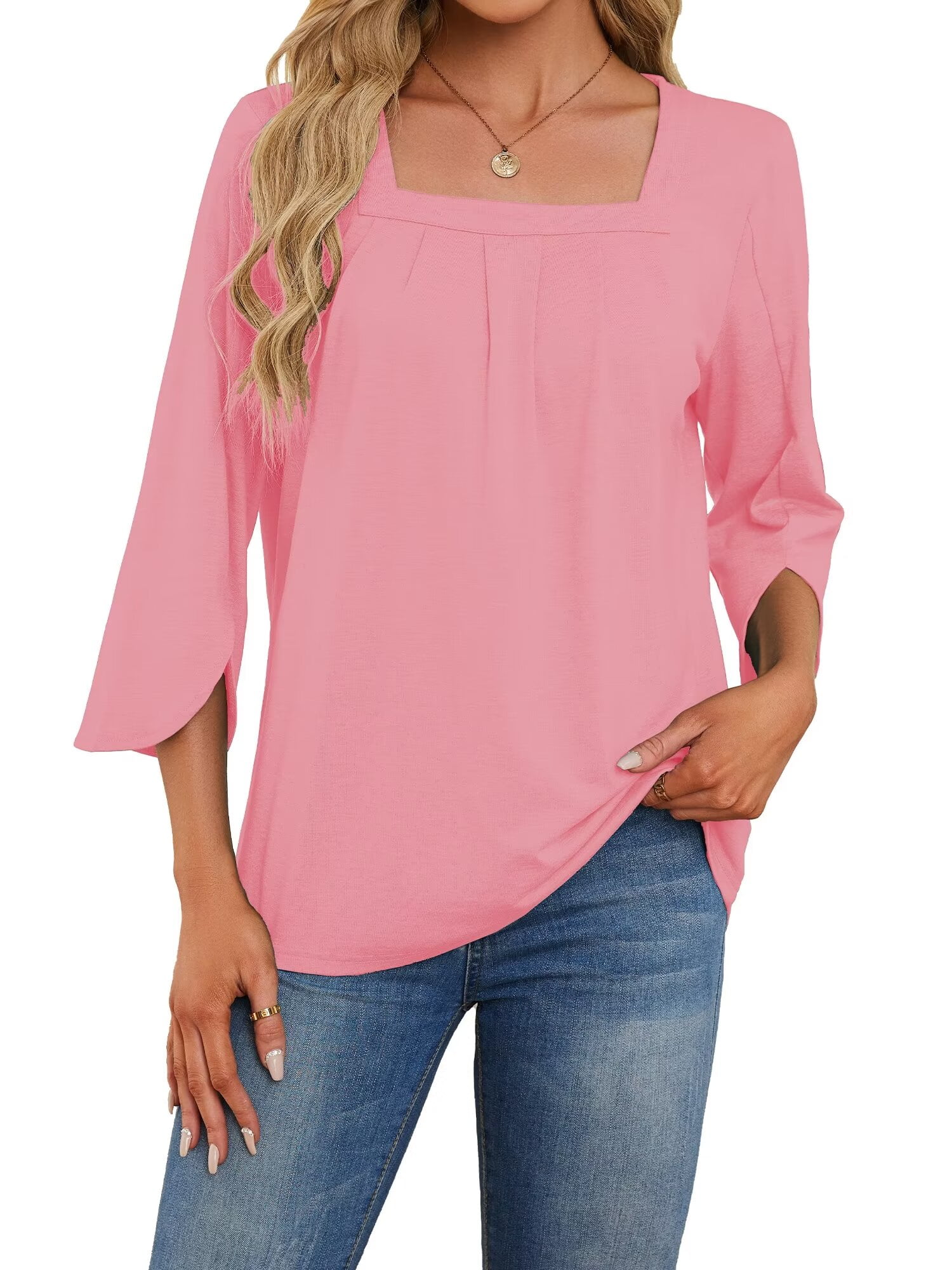 3/4 Sleeve Tops for Women Casual Shirt Pleated Square Neck Tunic Blouse ...