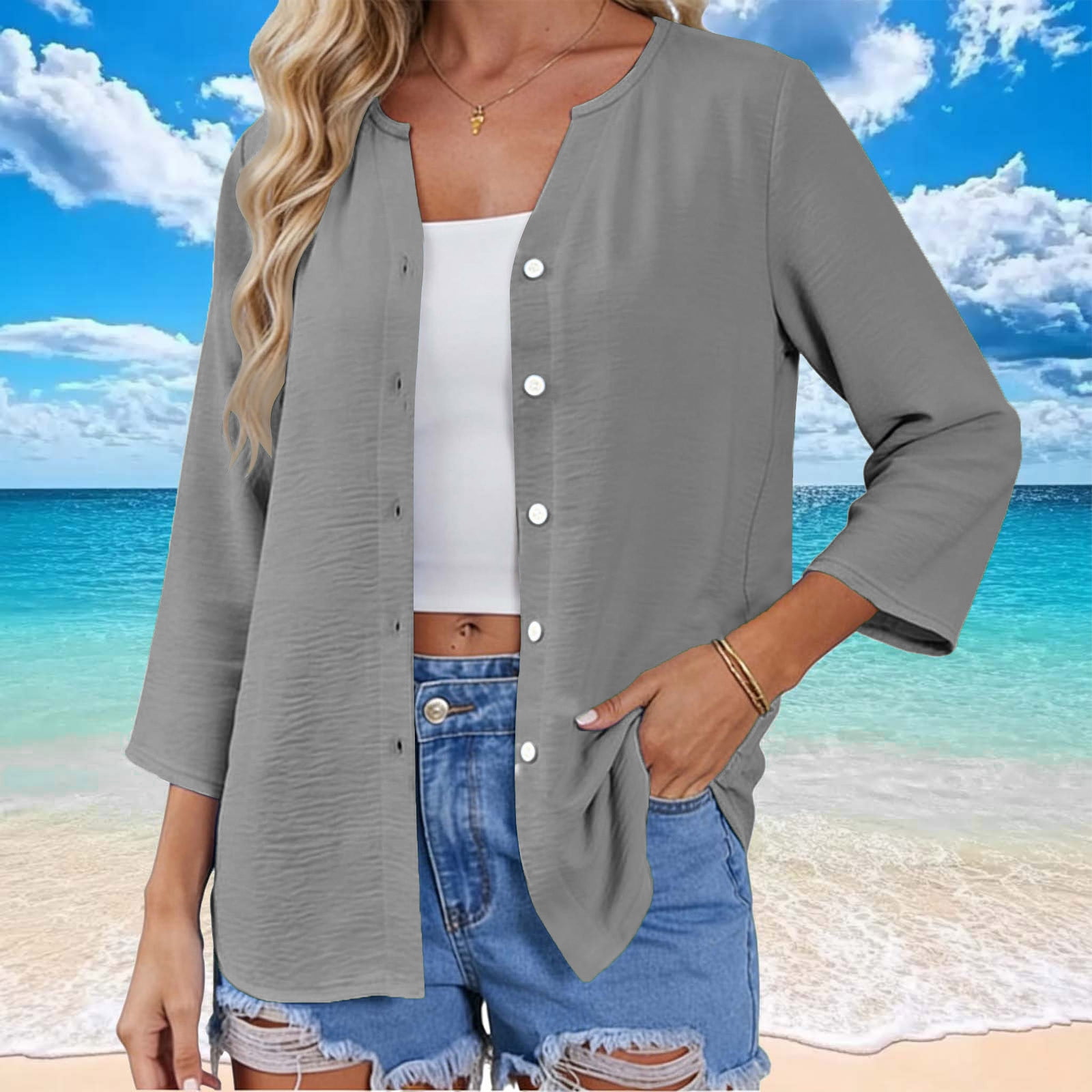 3/4 Sleeve Tops for Women Casual V-Neck Breathable Non-Iron Button Down ...