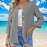 3/4 Sleeve Tops for Women Casual V-Neck Breathable Non-Iron Button Down ...