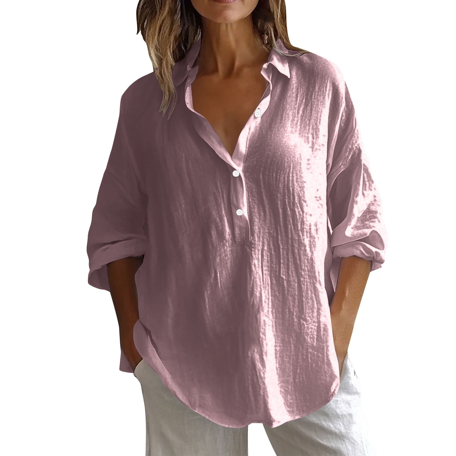 3/4 Sleeve Tops for Women Collared Henley Shirts Casual Trendy Loose ...