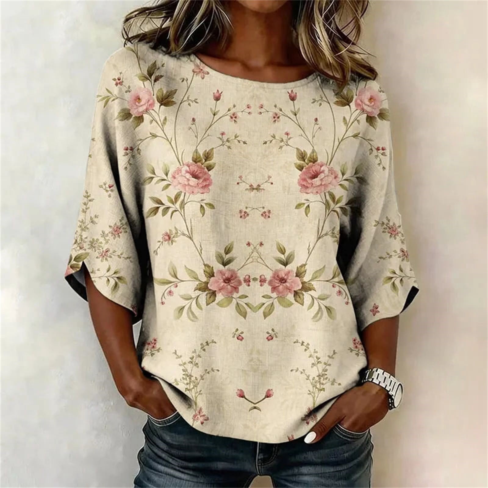 3/4 Sleeve Tops for Women Cotton Linen Crewneck Loose Fit Tunic Shirts ...