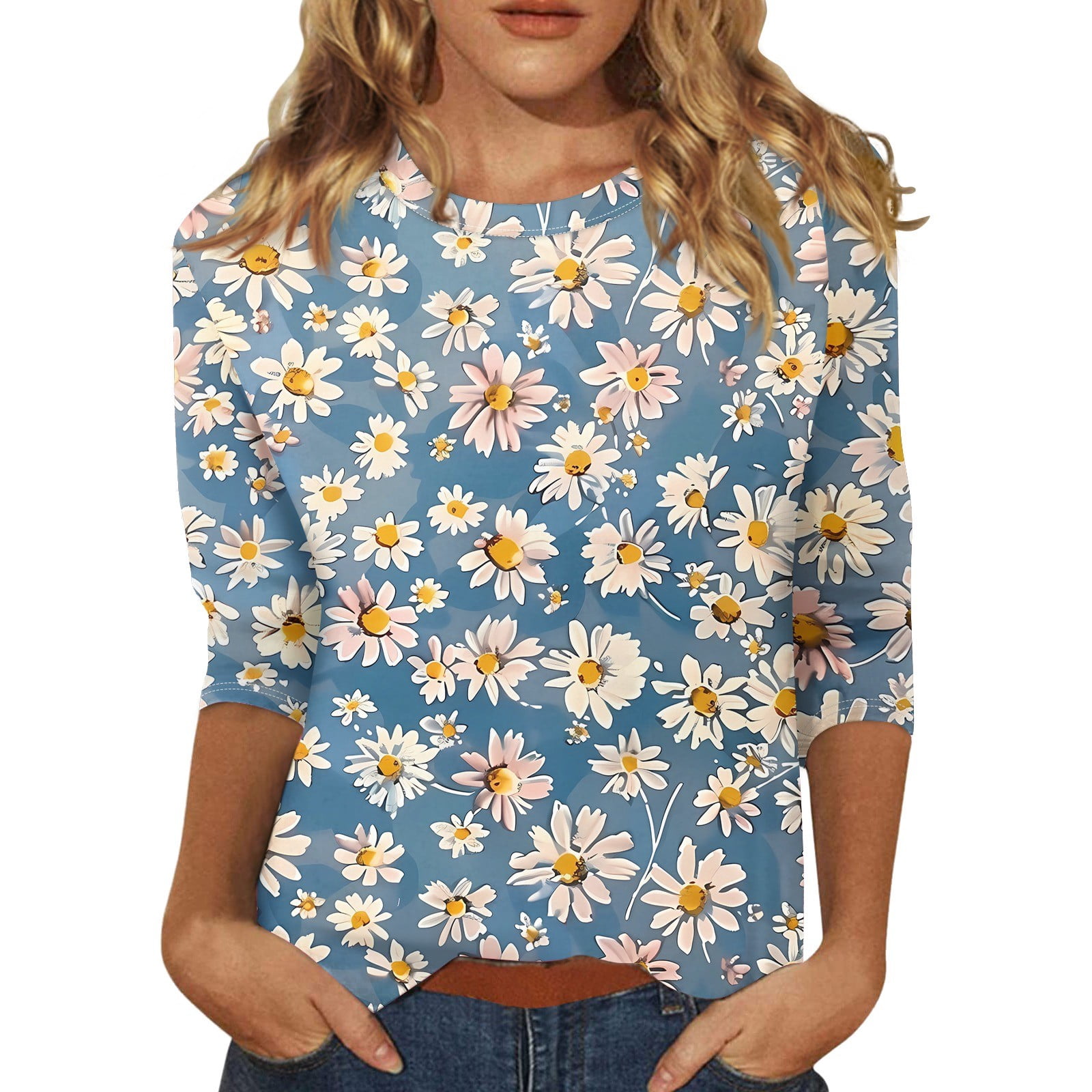 3/4 Sleeve Tops for Women Crew Neck Blouses Pleated Casual Shirts Fall ...