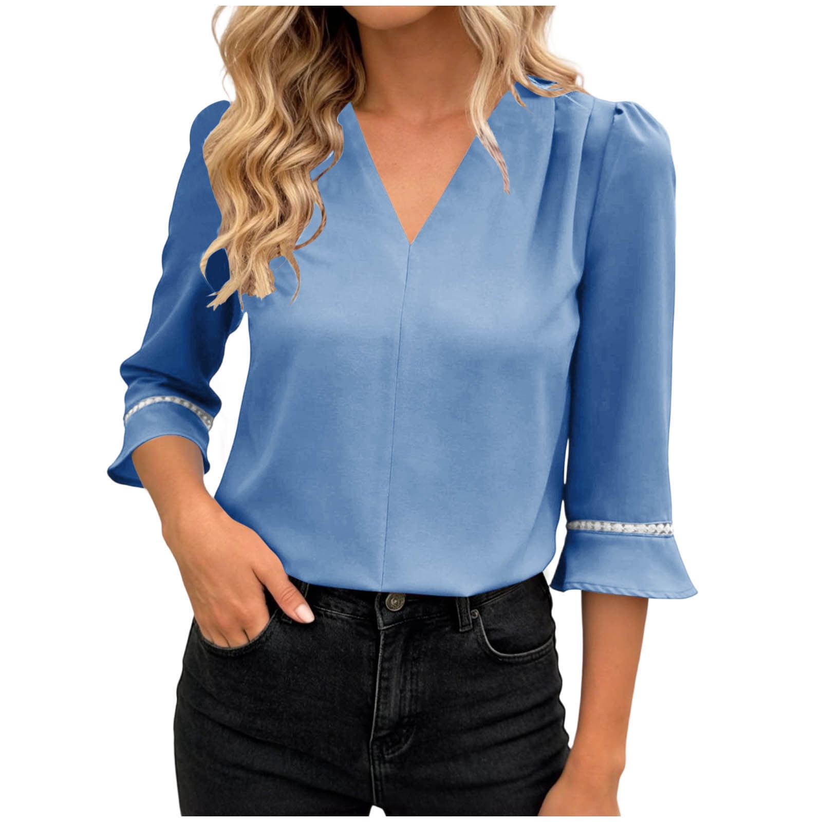 3/4 Sleeve Tops for Women Dressy Casual Pleated V Neck Business Work ...