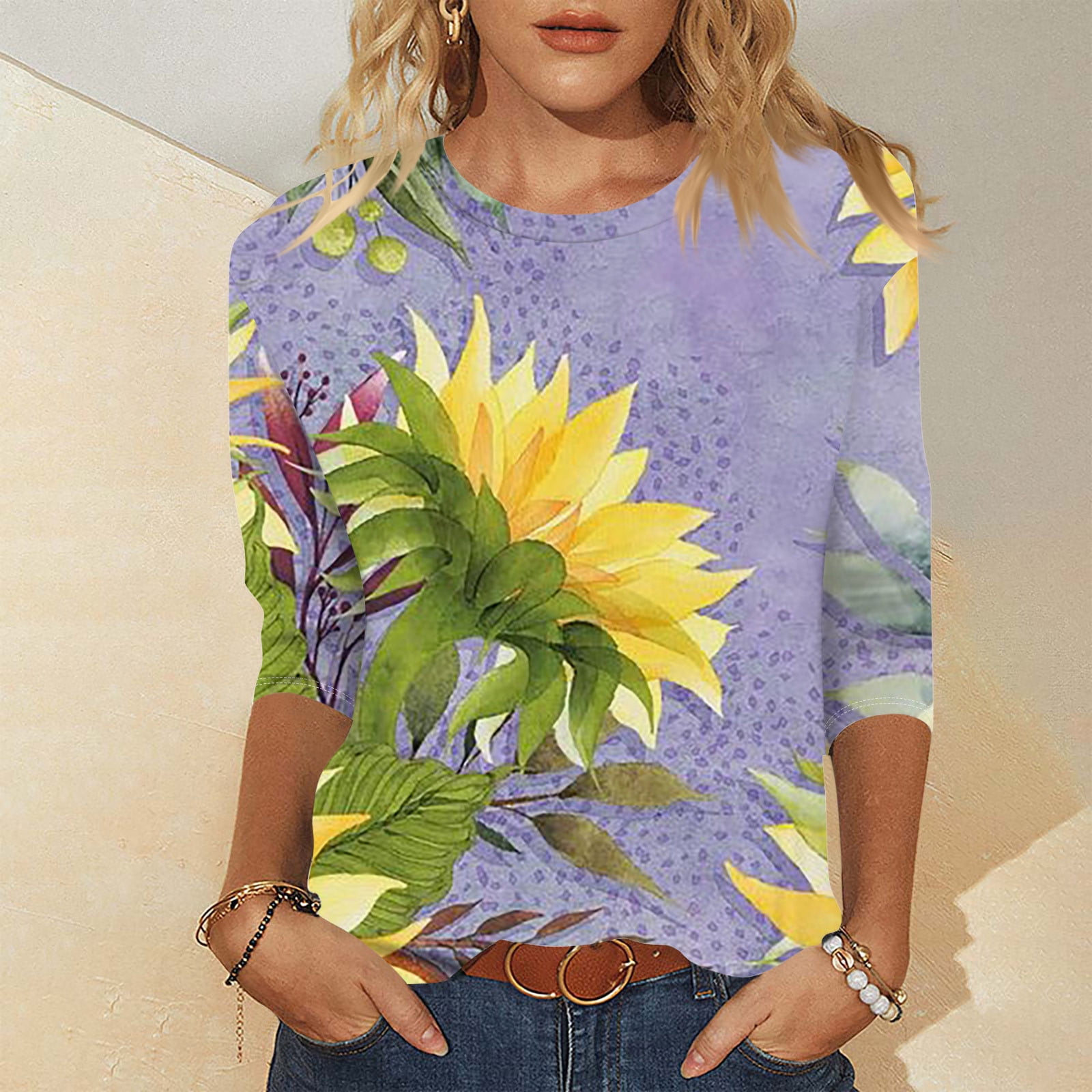 3/4 Sleeve Tops for Women Fashion Vintage Floral Graphic Tees Summer ...