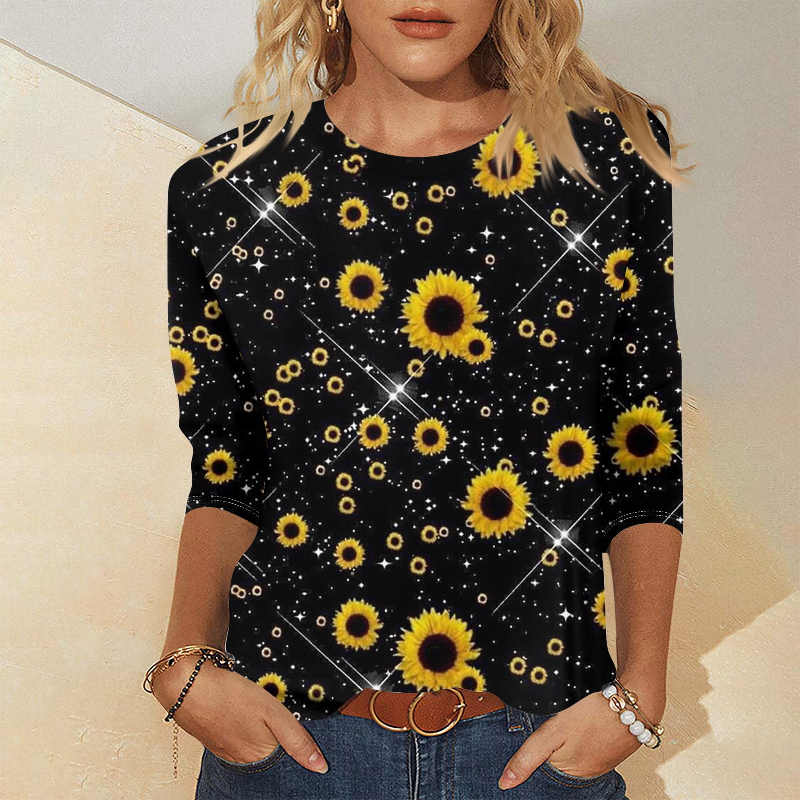 3/4 Sleeve Tops for Women Fashion Vintage Floral Graphic Tees Summer ...