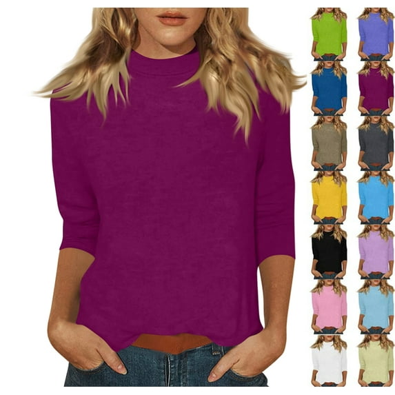 3/4 Sleeve Tops for Women Loose Fit Mock Neck Cute Shirts Casual ...