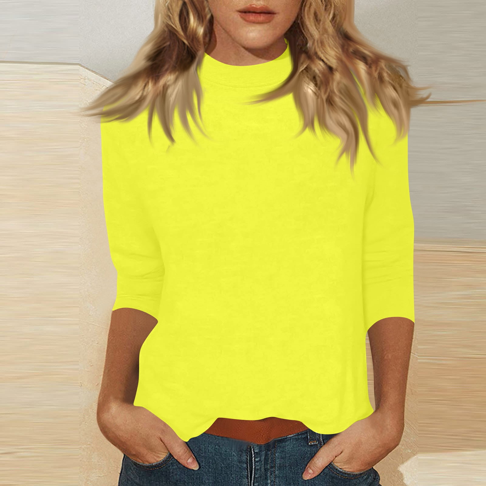 3/4 Sleeve Tops for Women Loose Fit Mock Neck Cute Shirts Casual ...