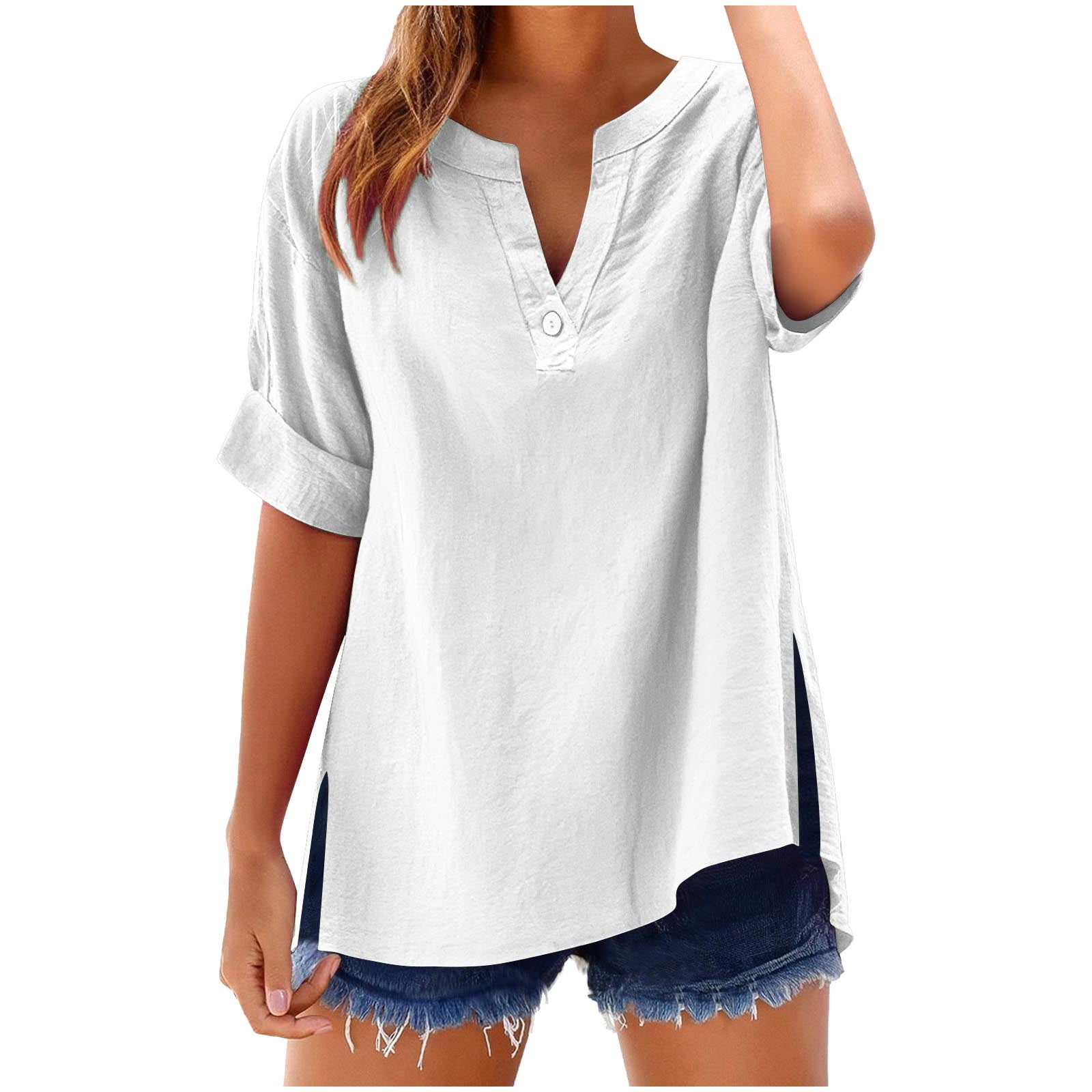 3/4 Sleeve Tops for Women Plus Size Button up Shirts Casual Solid Color ...