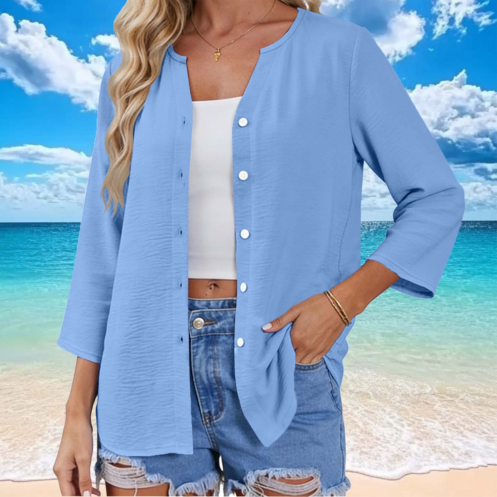 3/4 Sleeve Tops for Women Solid Color V-neck Cardigan Button-up Light ...