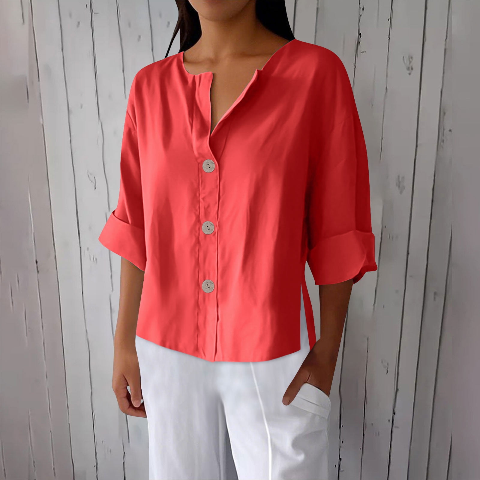 3/4 Sleeve Tops for Women Solid Color V-neck Loose And Linen With ...