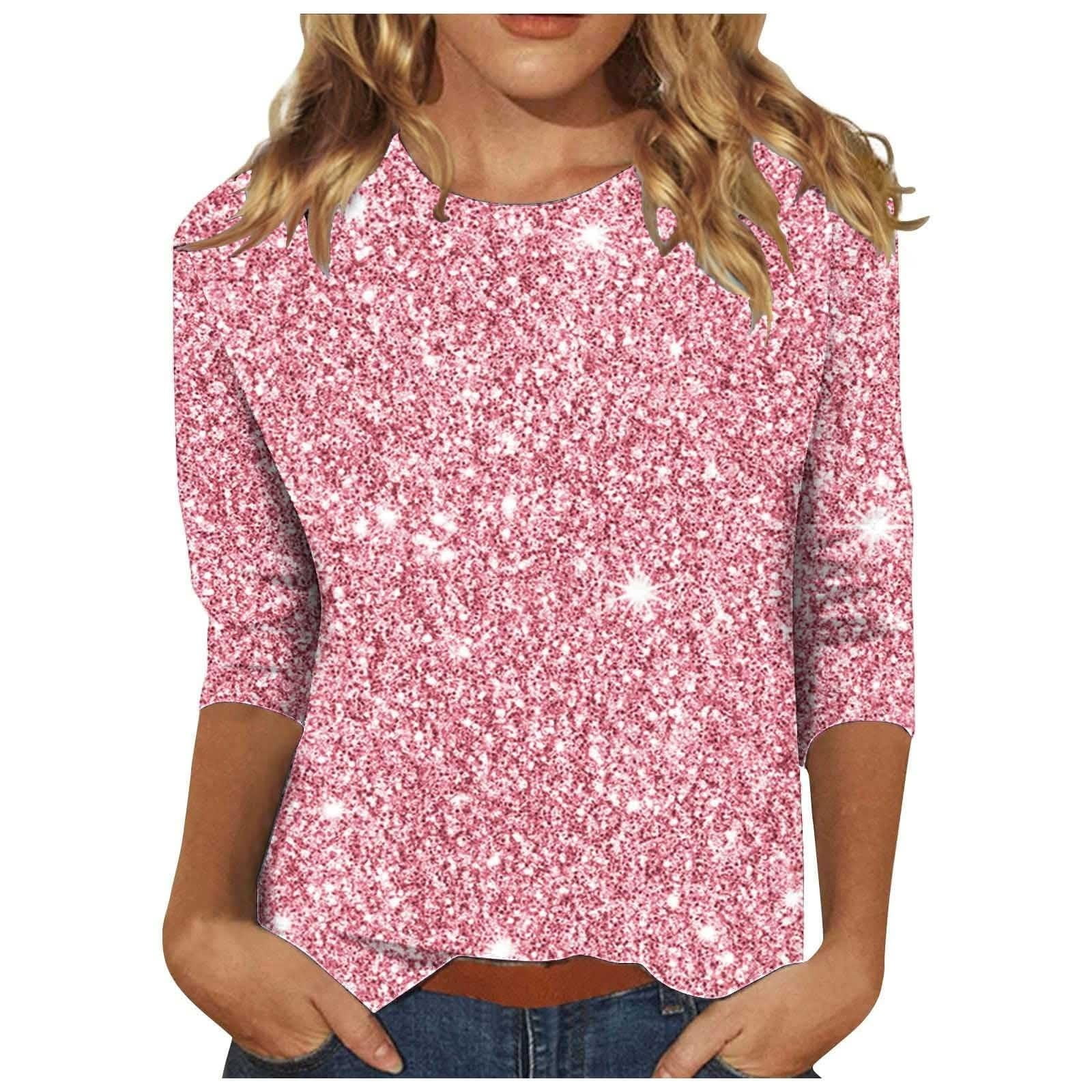 3/4 Sleeve Tops for Women Sparkly Sequin Crewneck Casual Dressy Tee ...