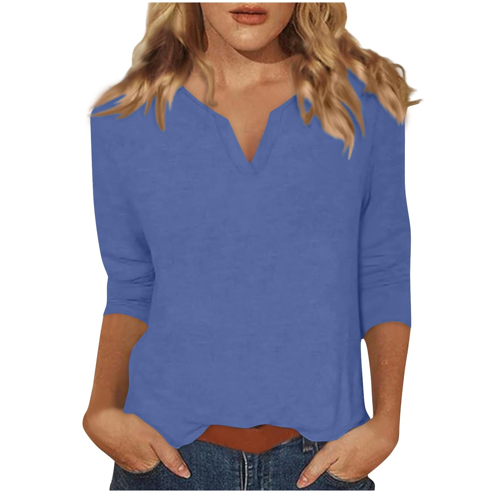 3/4 Sleeve Tops for Women, Summer Solid Color V Neck Shirts Casual ...