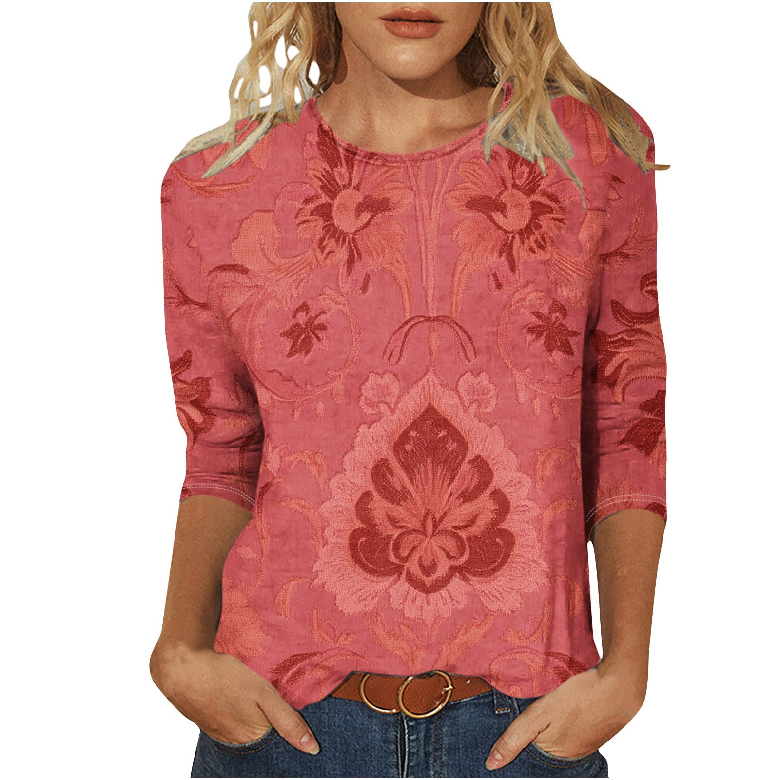 3/4 Sleeve Tops for Women - Vintage Floral Textured Loose Blouses ...