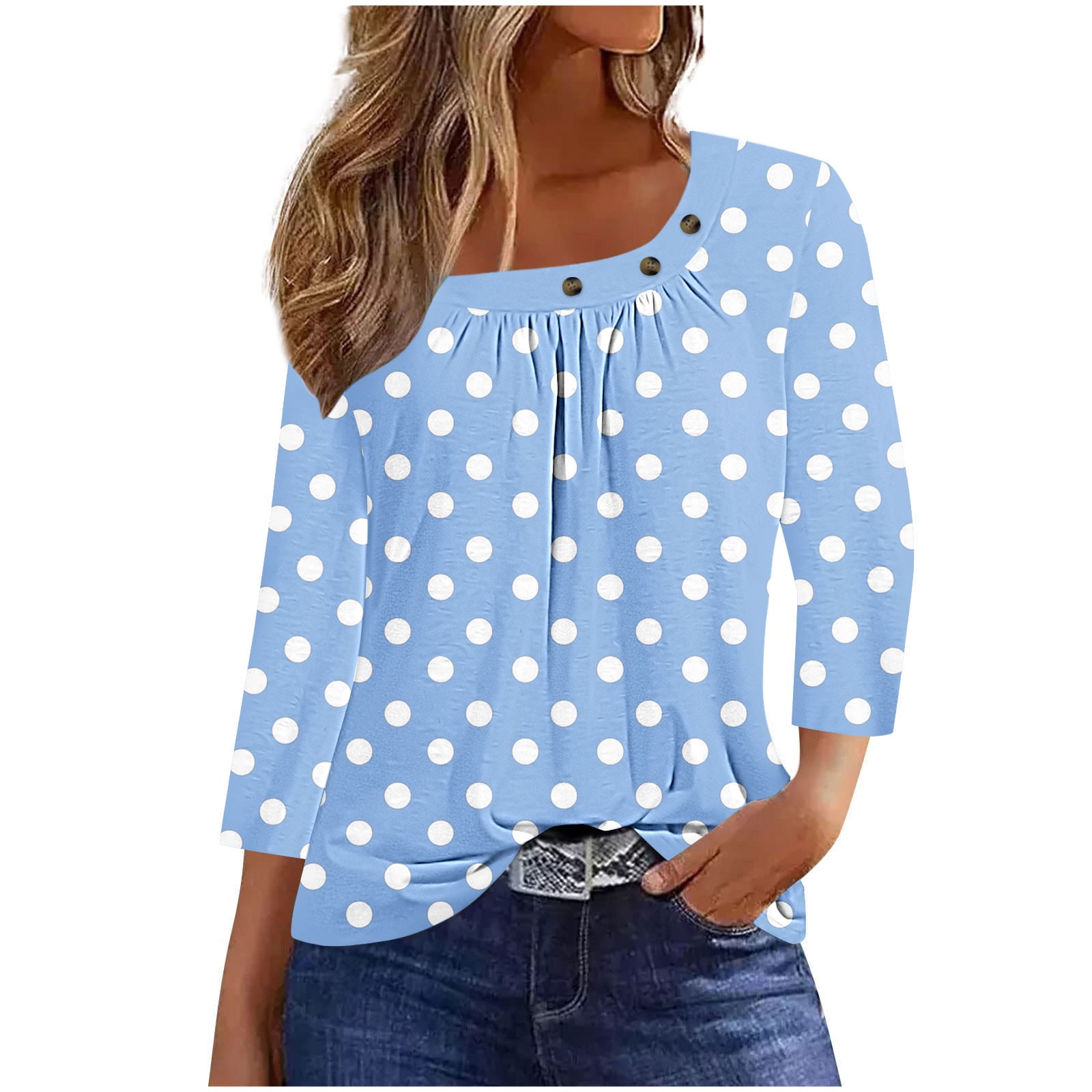 3/4 Sleeve Tops for Womens Trendy Polka Dots Button Asymmetrical Neck Pleat Shirts Loose Fit ...