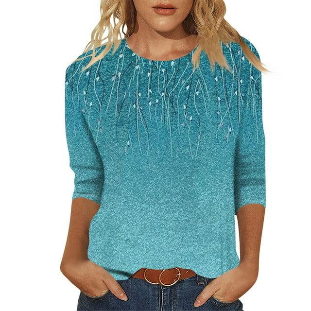 3/4 Sleeve Tunic Tops For Women 3/4 Length Sleeve Womens Tops 2025 Summer Fall Print Round Neck ...