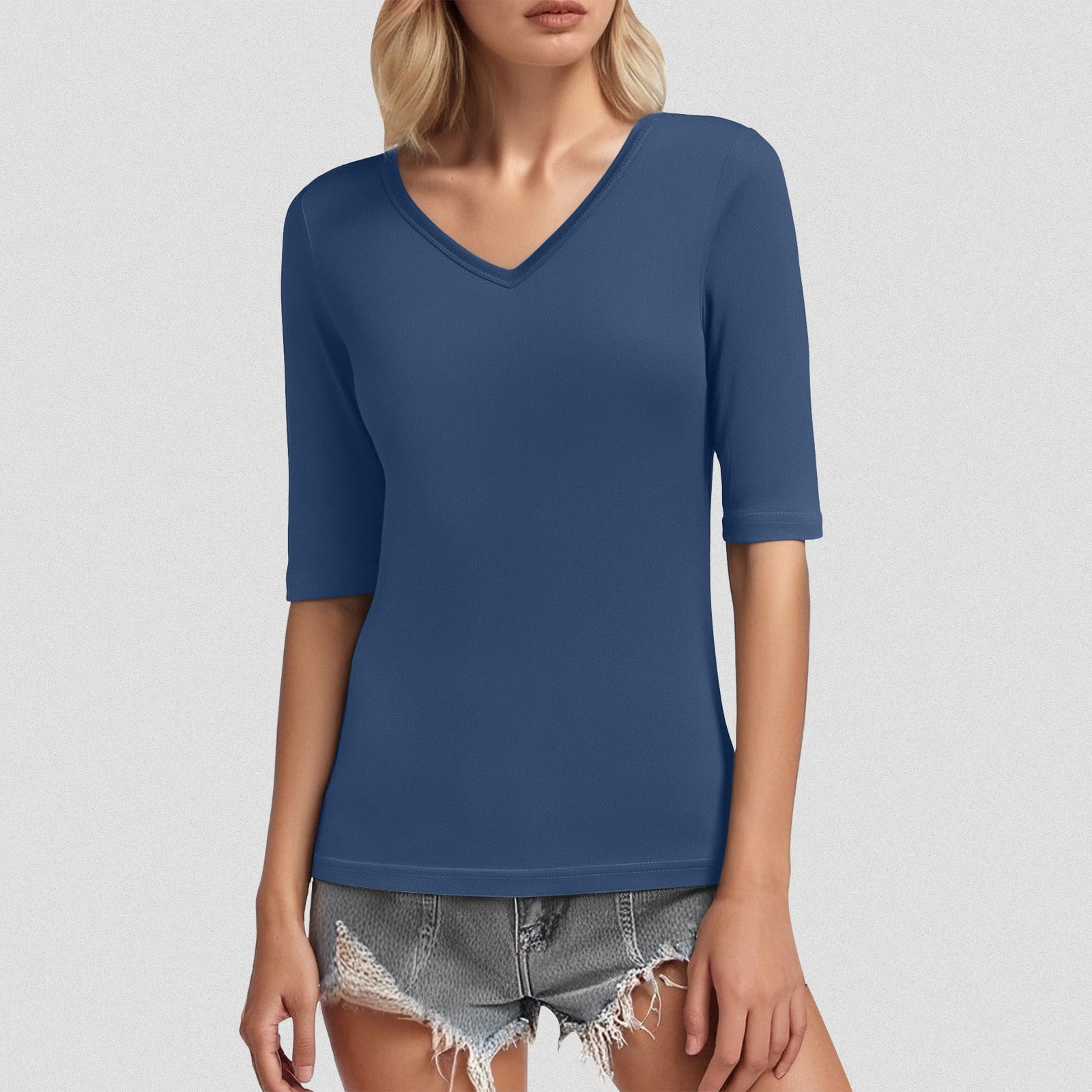 3/4 Sleeve V Neck Shirts For Women Solid Color Loose Classic Dressy ...