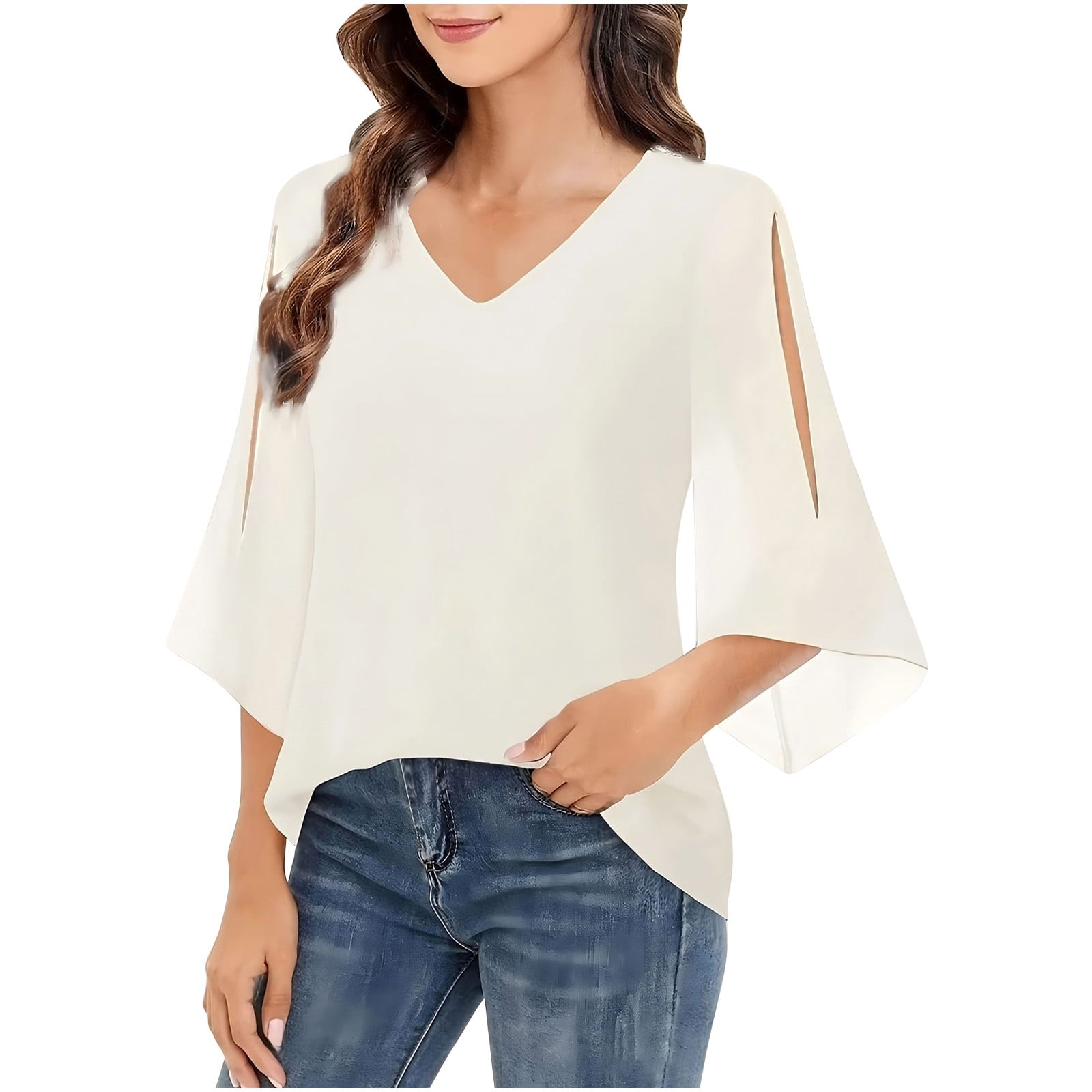 3/4 Sleeve V Neck Tops for Womens Chiffon Fahion Loose Fit Shirts Fall ...
