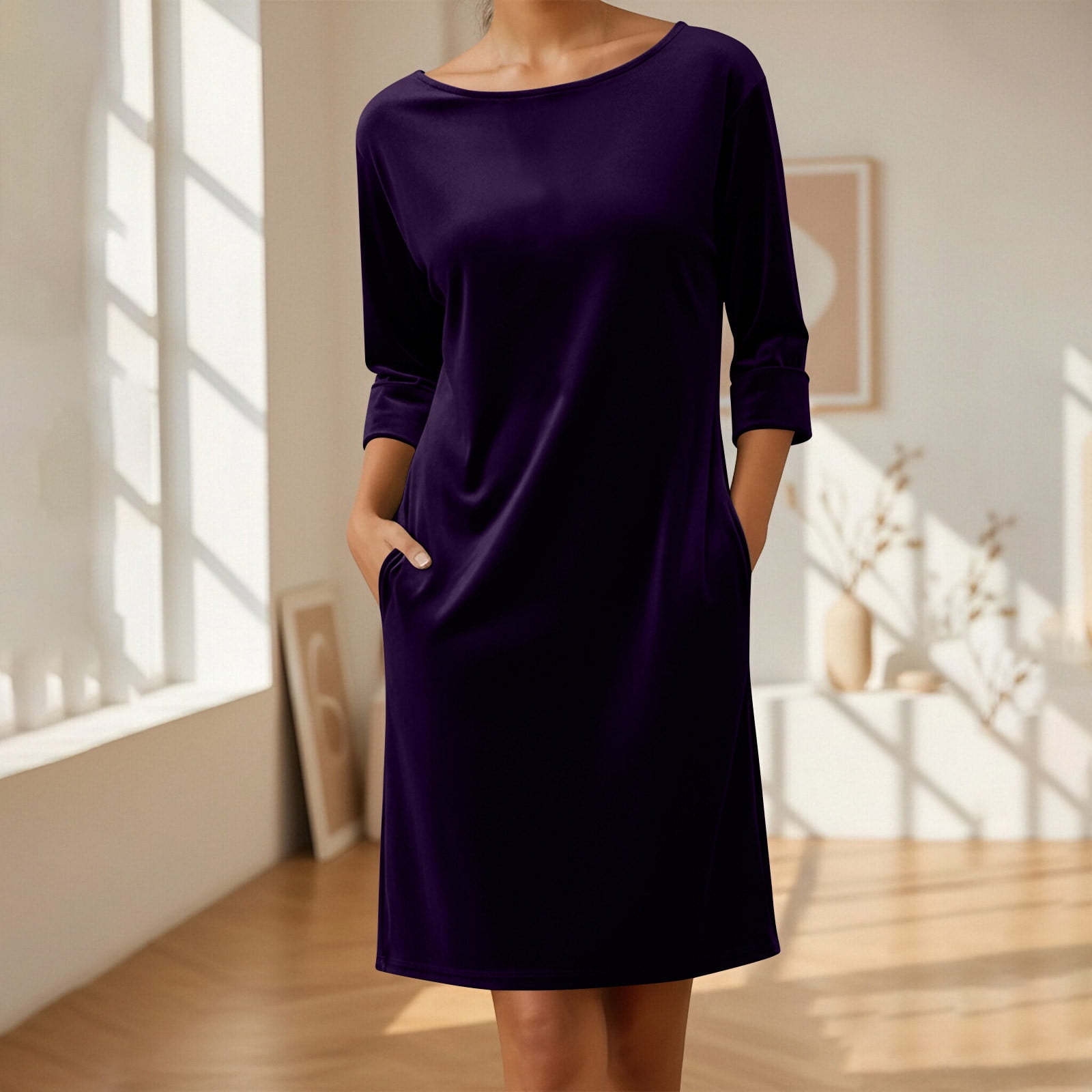 3/4 Sleeve Velvet Shirt Dress for Women Fall Wedding Guest Dress Crew ...