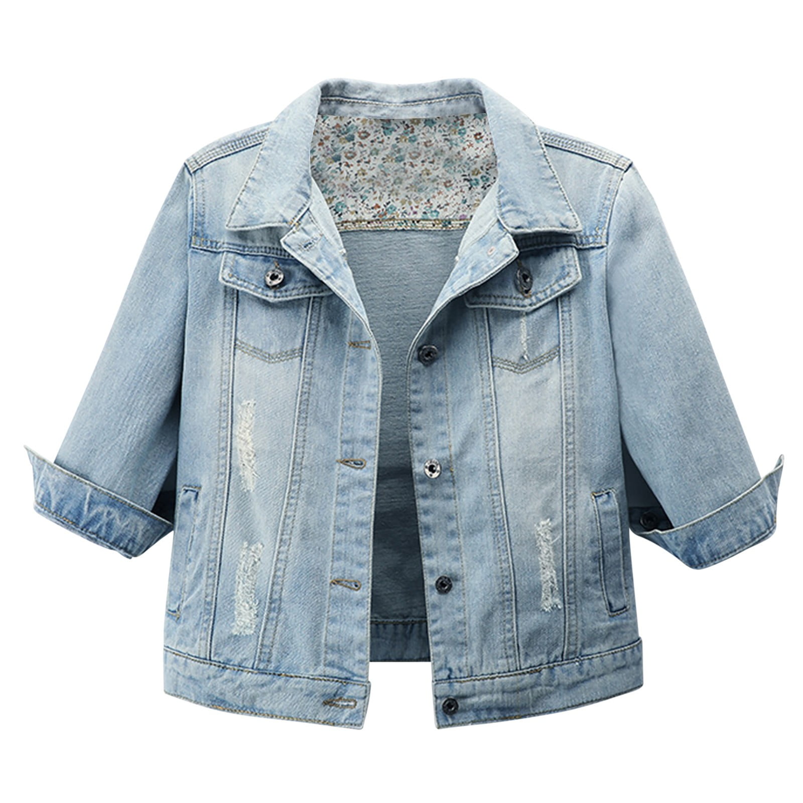 3/4 Sleeve Vintage Washed Women Cropped Denim Jacket Ripped Button Down ...
