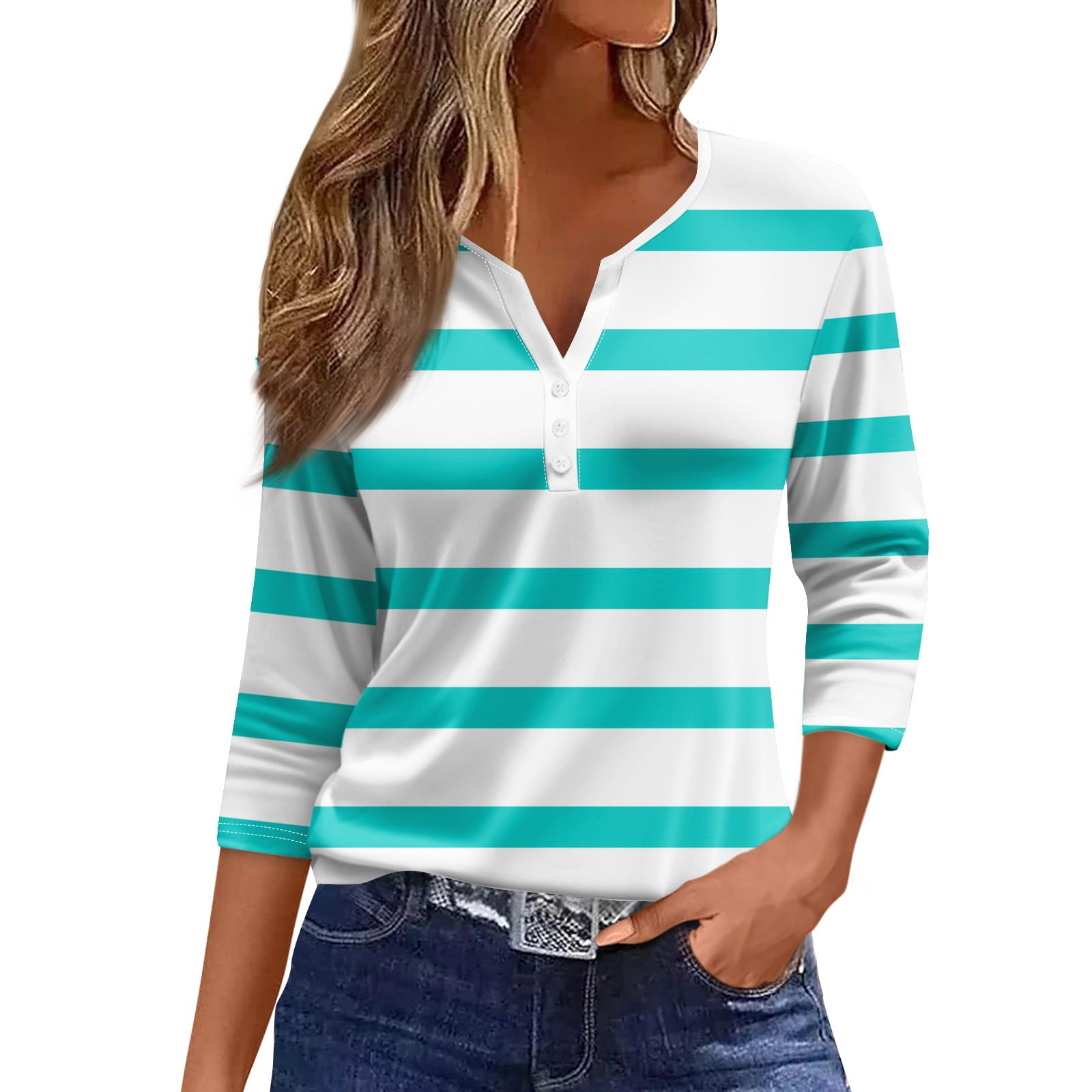 3/4 Sleeve Women's Top, Henley V-Neck Casual Long Top, Basic Striped ...