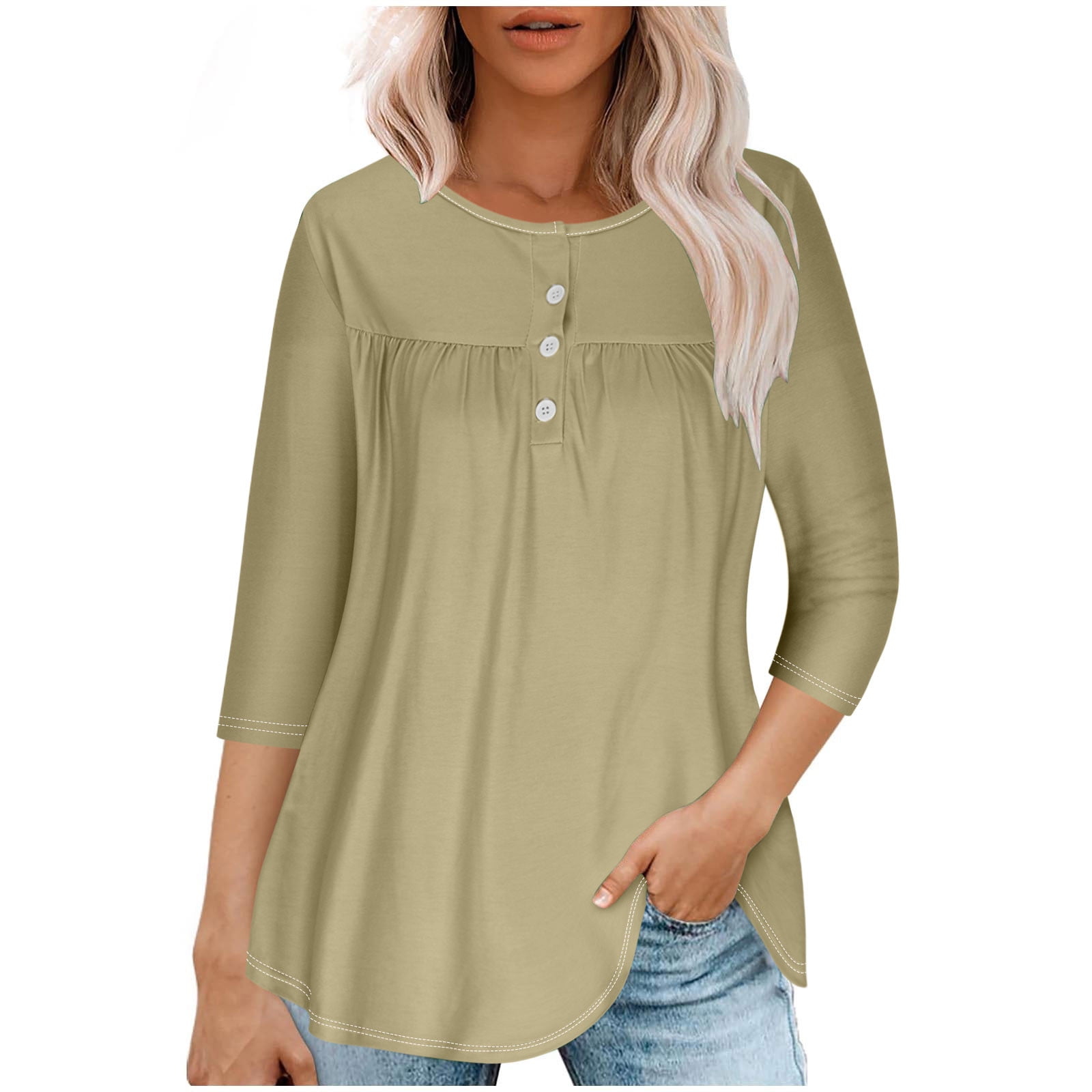 3/4 Sleeve Womens Tops Clearance Plus Size Solid Color Cotton T-shirts ...