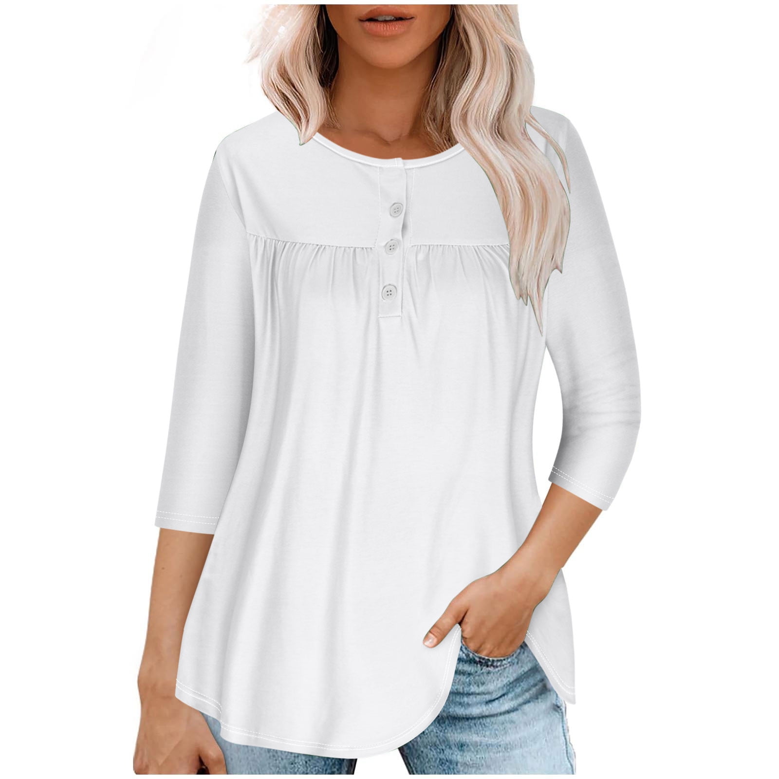 3/4 Sleeve Womens Tops Plus Size Solid Color Cotton T-shirts Round Neck ...