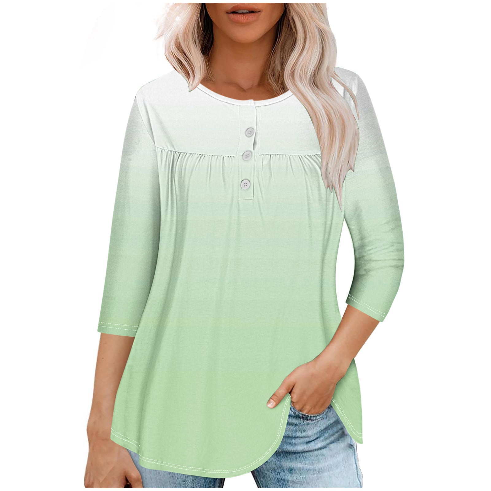 3/4 Sleeve Womens Tops Clearance Plus Size Solid Color Cotton T-shirts ...