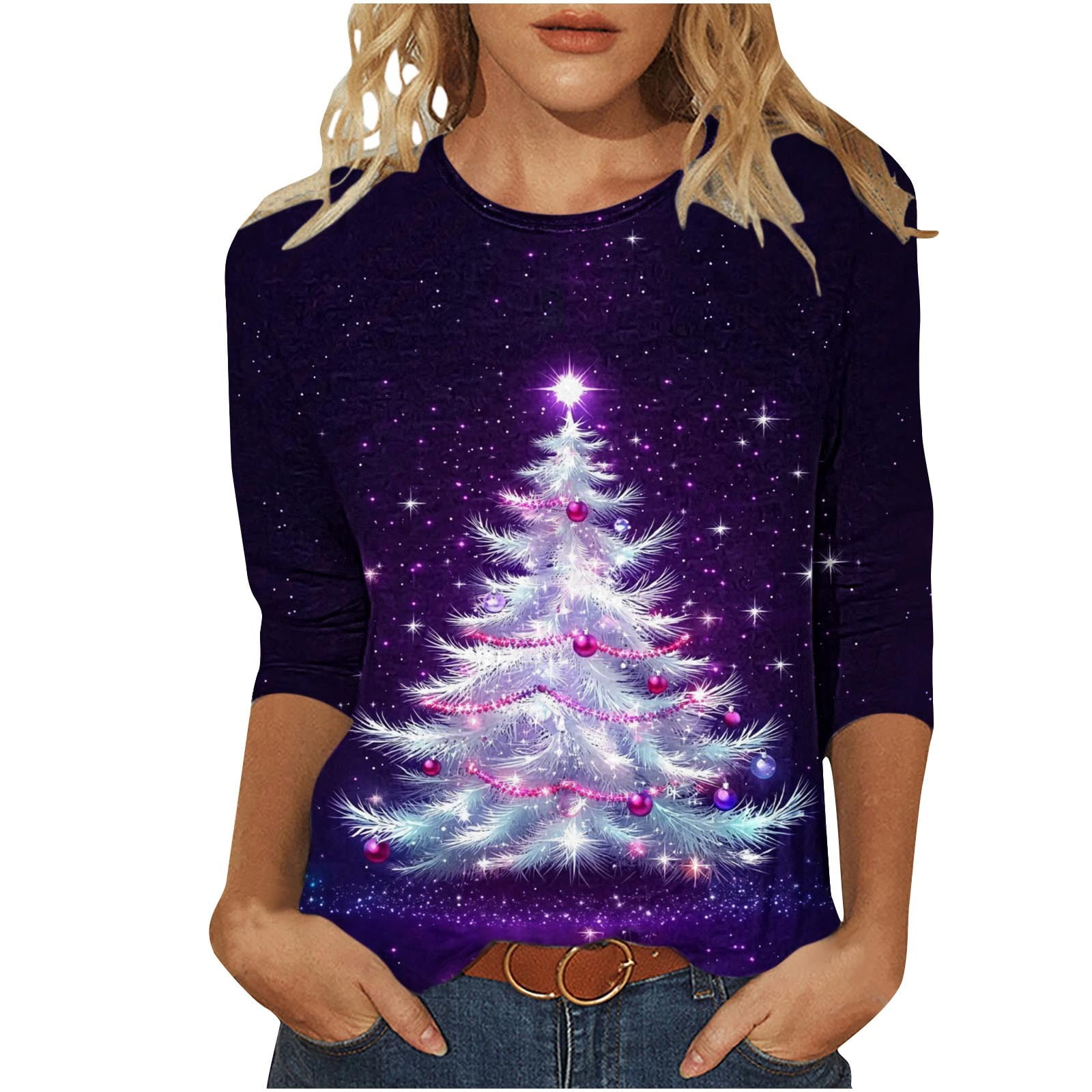 3/4 Sleeve Womens Tops Plus Size Christmas Outfits Xmas Tree Printed Graphice Ttee Shirt Crew ...