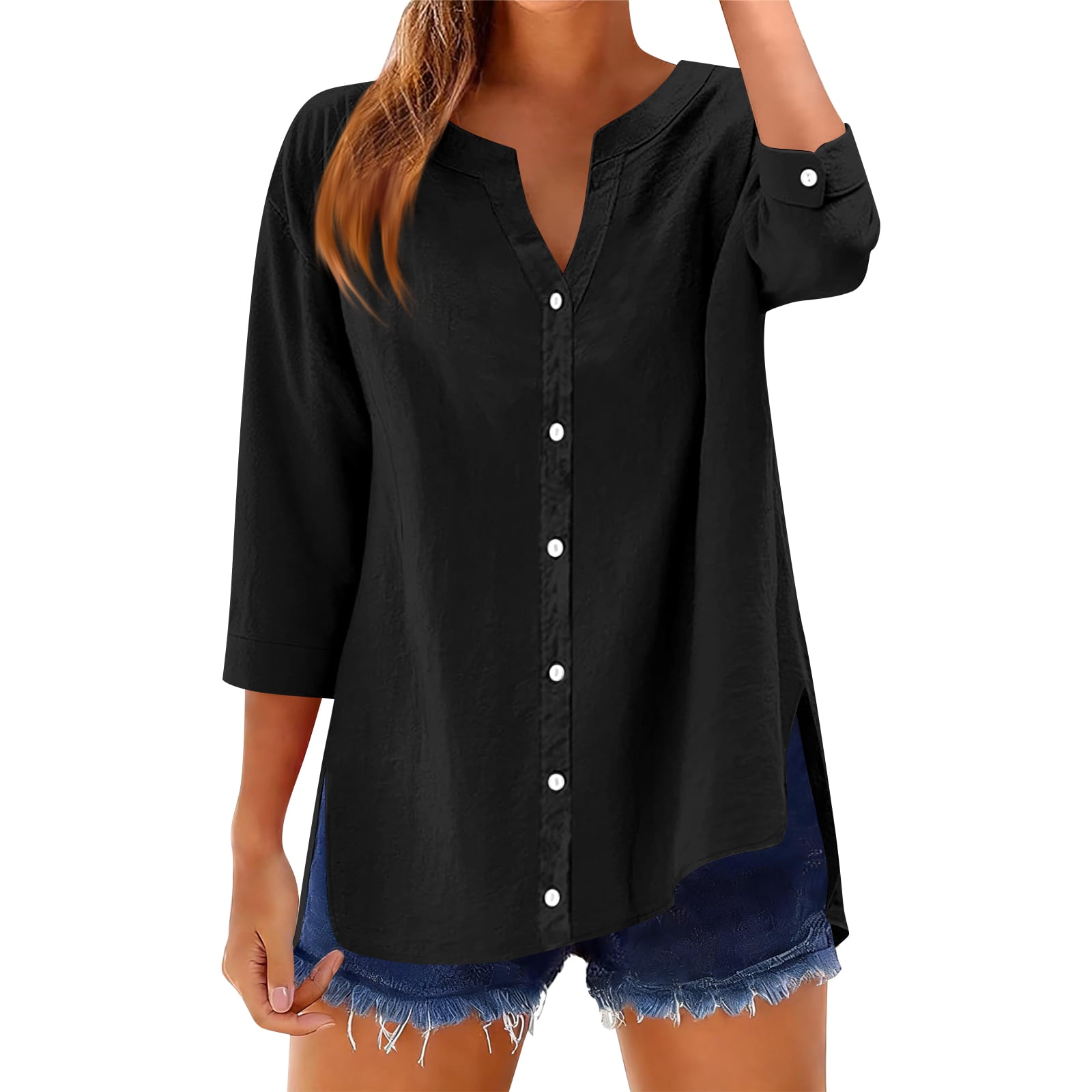 3/4 Sleeve Womens Tops V Neck Sides Slit Button Down Shirts Cotton ...