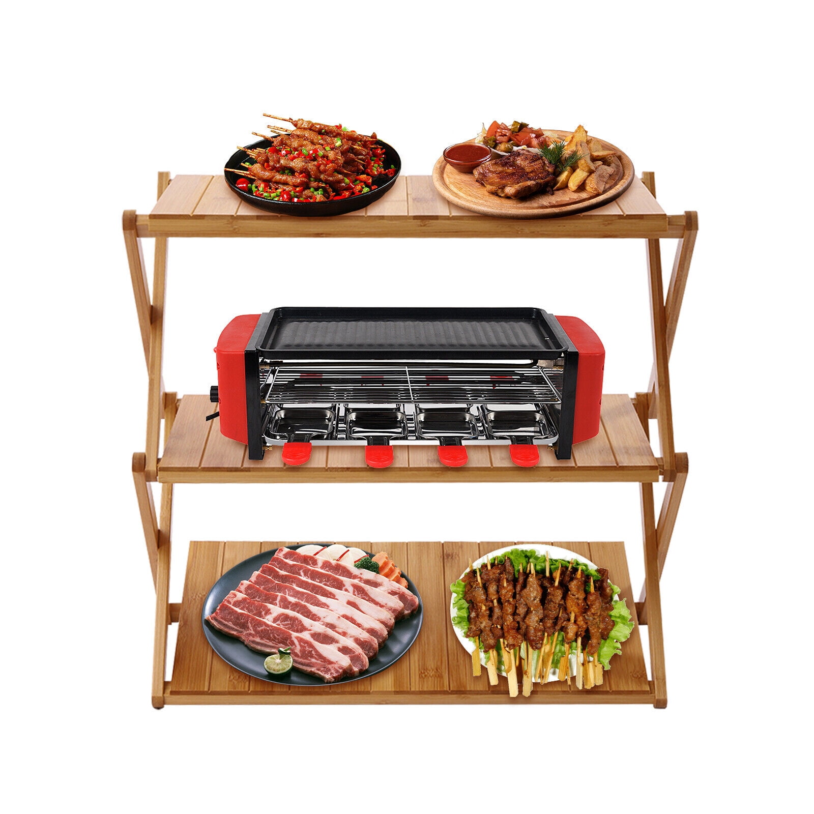 3/4-Tier Foldable Outdoor Picnic Rack Portable Bamboo Storage Shelves ...