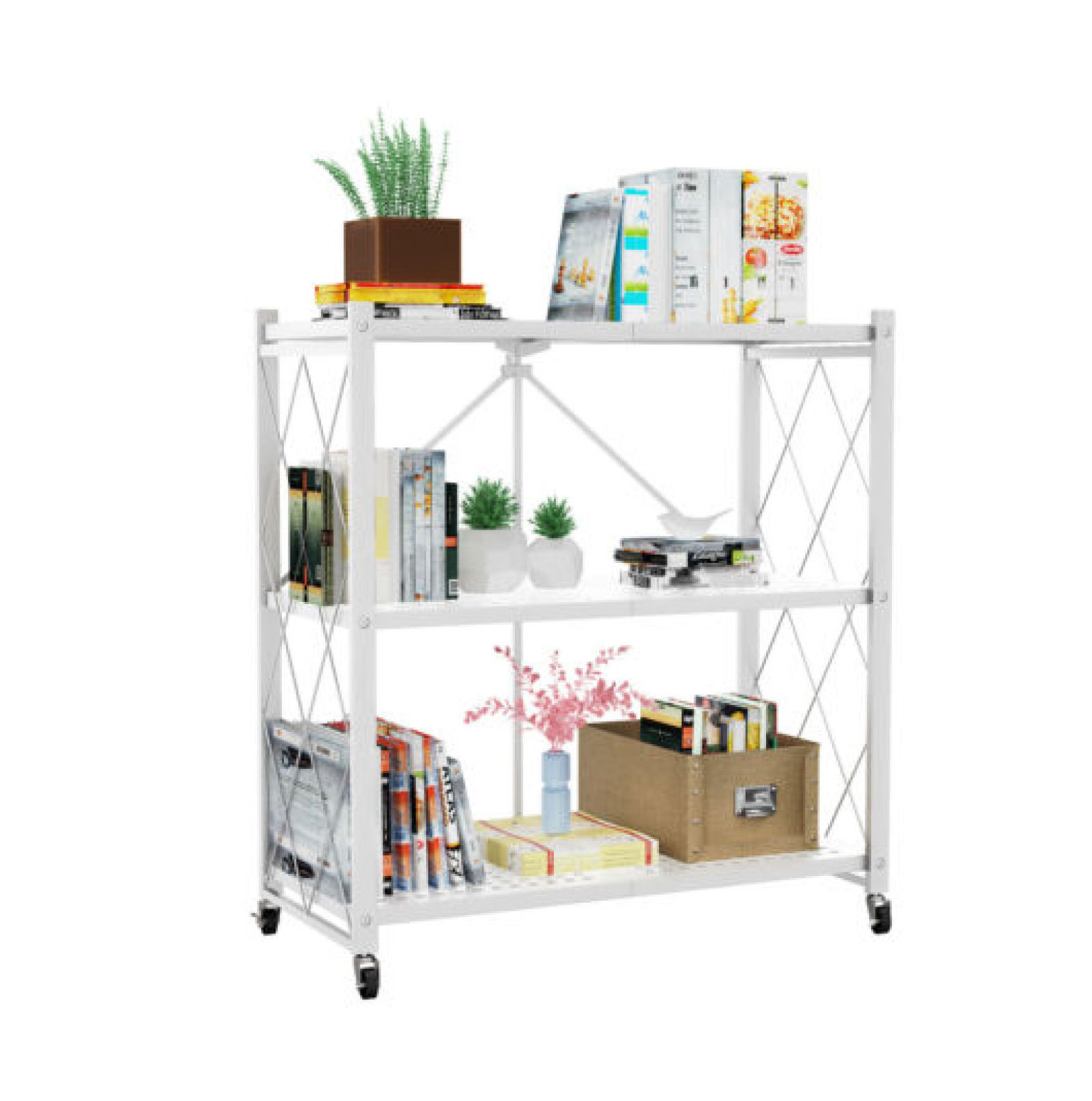 3/4 Tier Heavy Duty Foldable Metal Rack Storage Shelving Unit Wheel ...