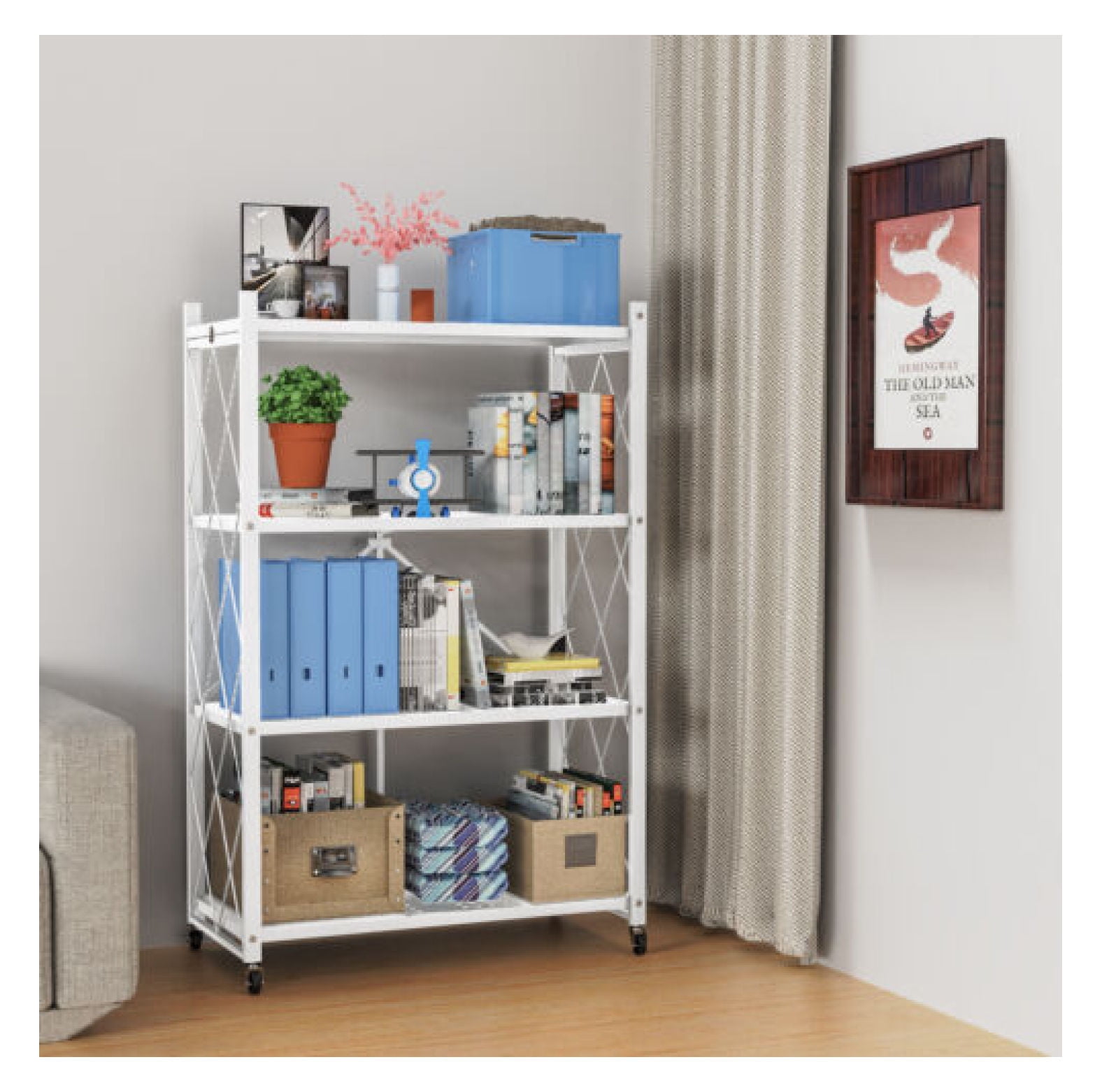 3/4 Tier Heavy Duty Foldable Metal Rack Storage Shelving Unit Wheel ...