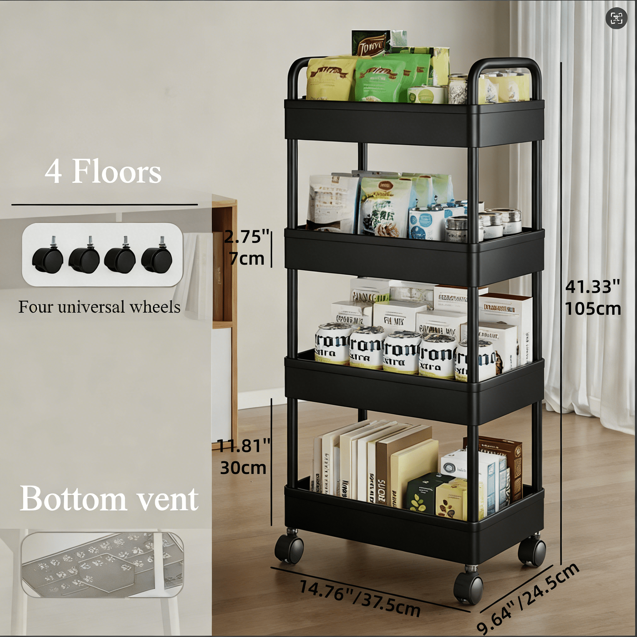 3/4 Tiers Multi-functional Rolling Cart - Large Capacity Mobile Storage ...