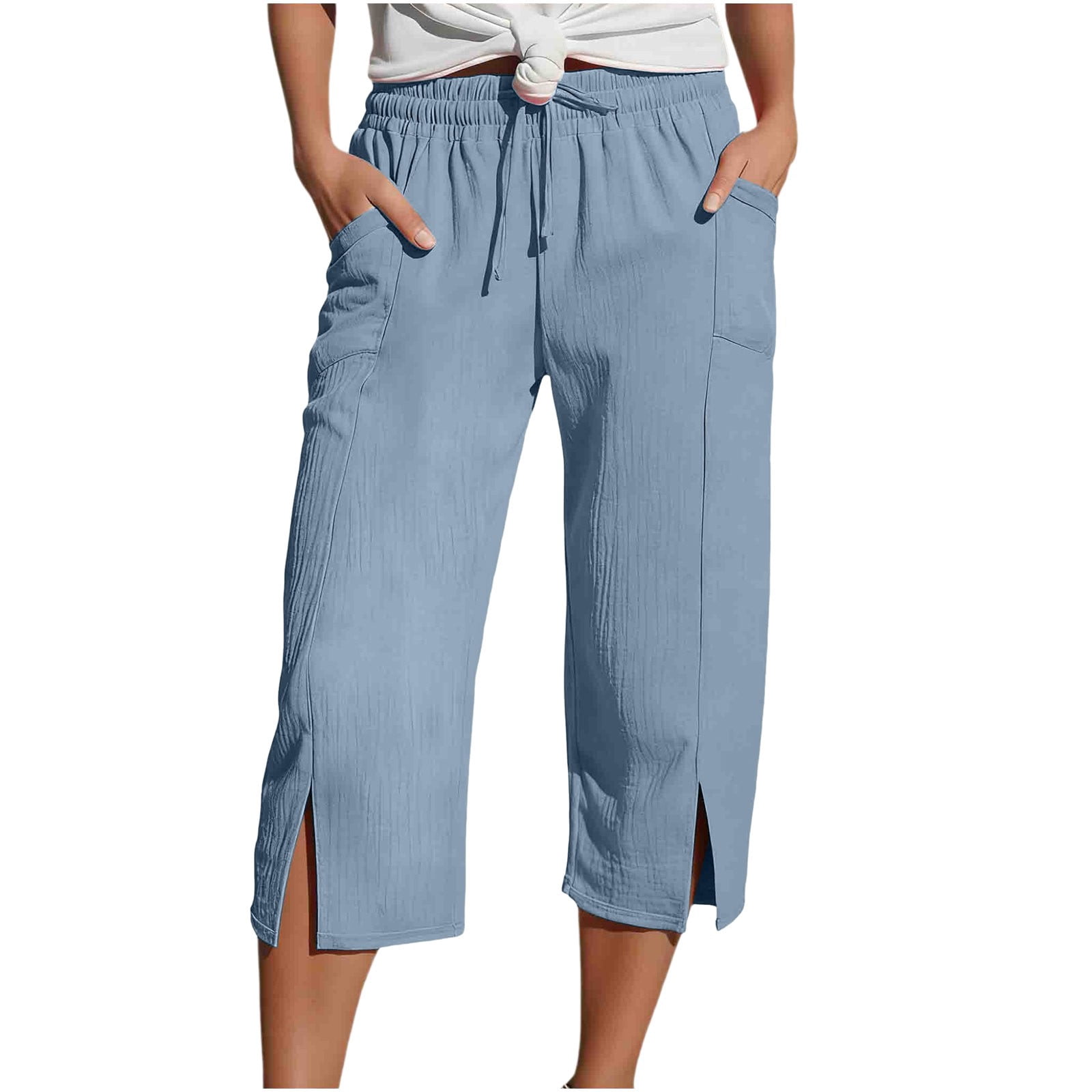3/4 Trousers for Women Elasticated Waist Cropped Pants Solid Color ...