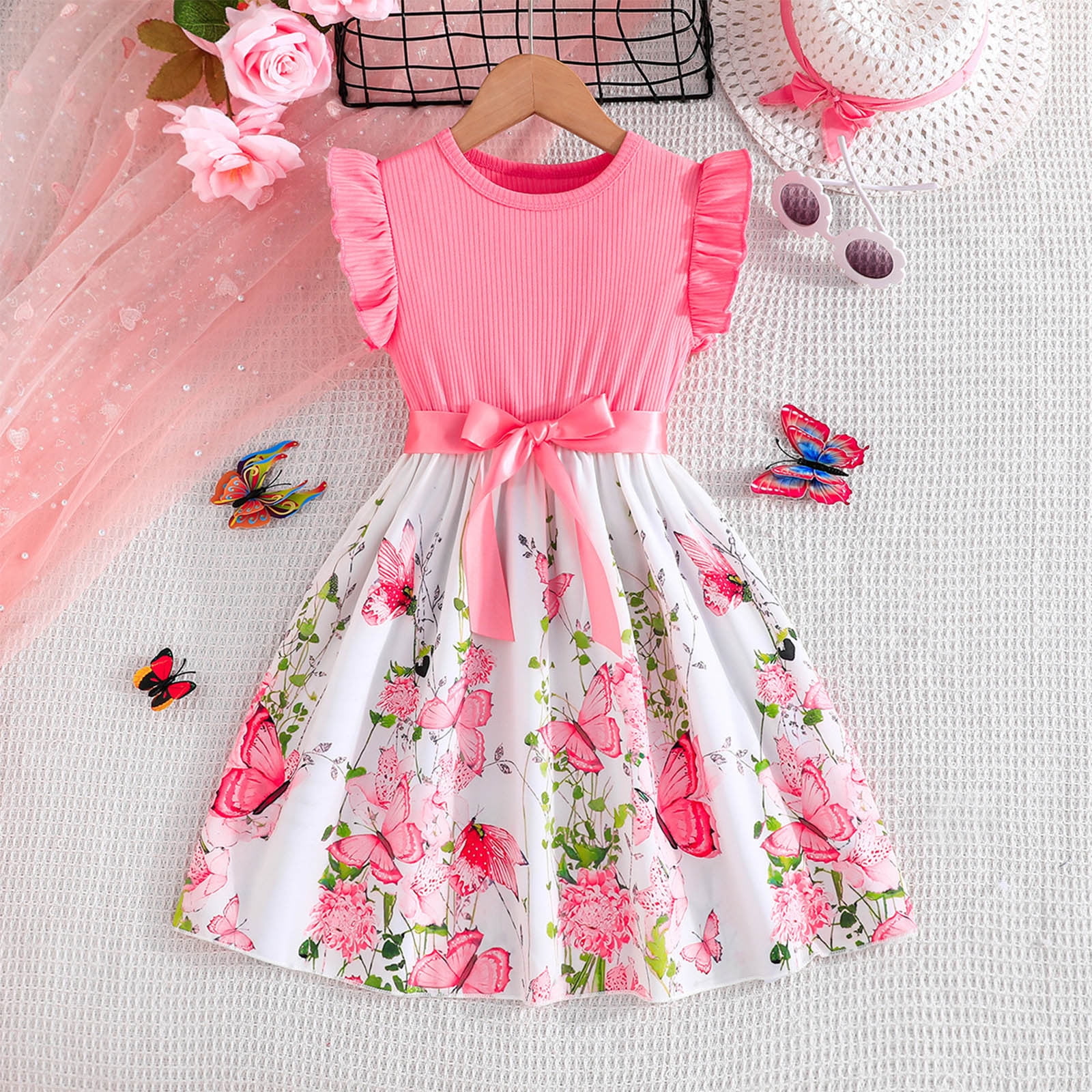 3-4 Years Girls Dress Tween Boho Flutter Sleeve Tiered A Line Summer ...