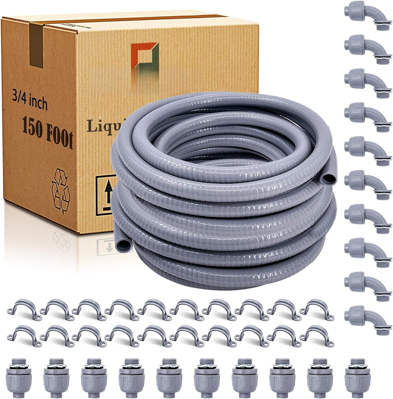 3/4 inch 150 Foot Liquid-Tight Conduit and Connector Kit, Flexible Non ...